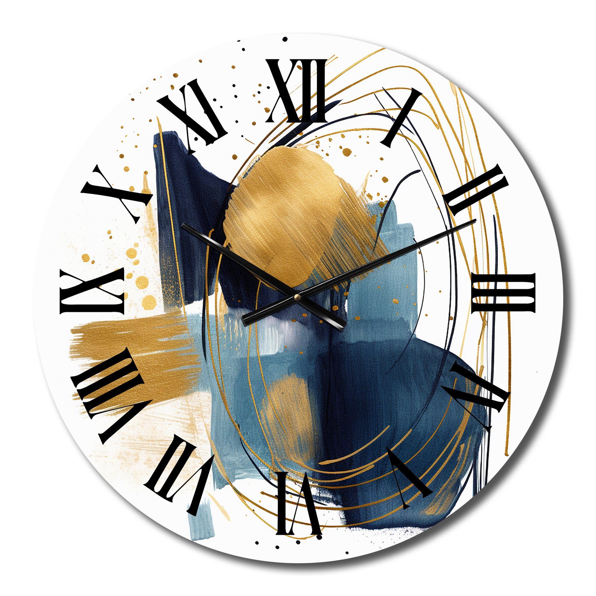 Design Art Dark Blue And Gold Strokes XVI - Modern Geometric Wall Clock ...