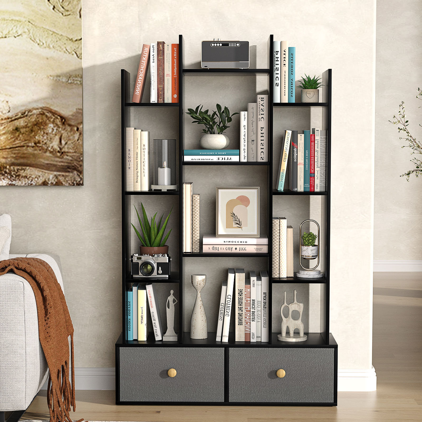 Ebern Designs Geometric Storage Bookcase With 2 Drawers | Wayfair