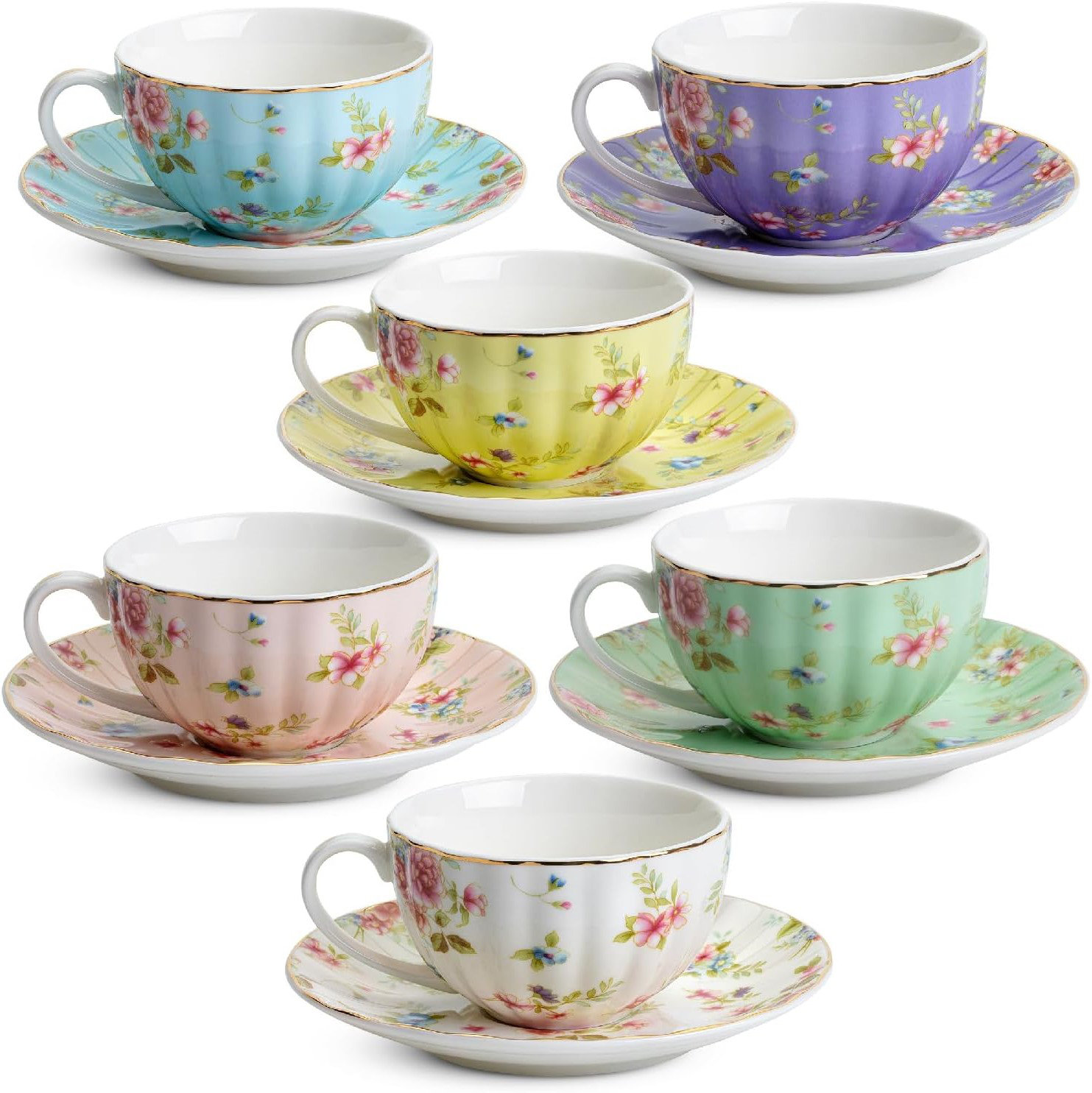Domyot Floral Tea Cups and Saucers,7 oz,Tea Cups Set of 6,Porcelain Cup ...