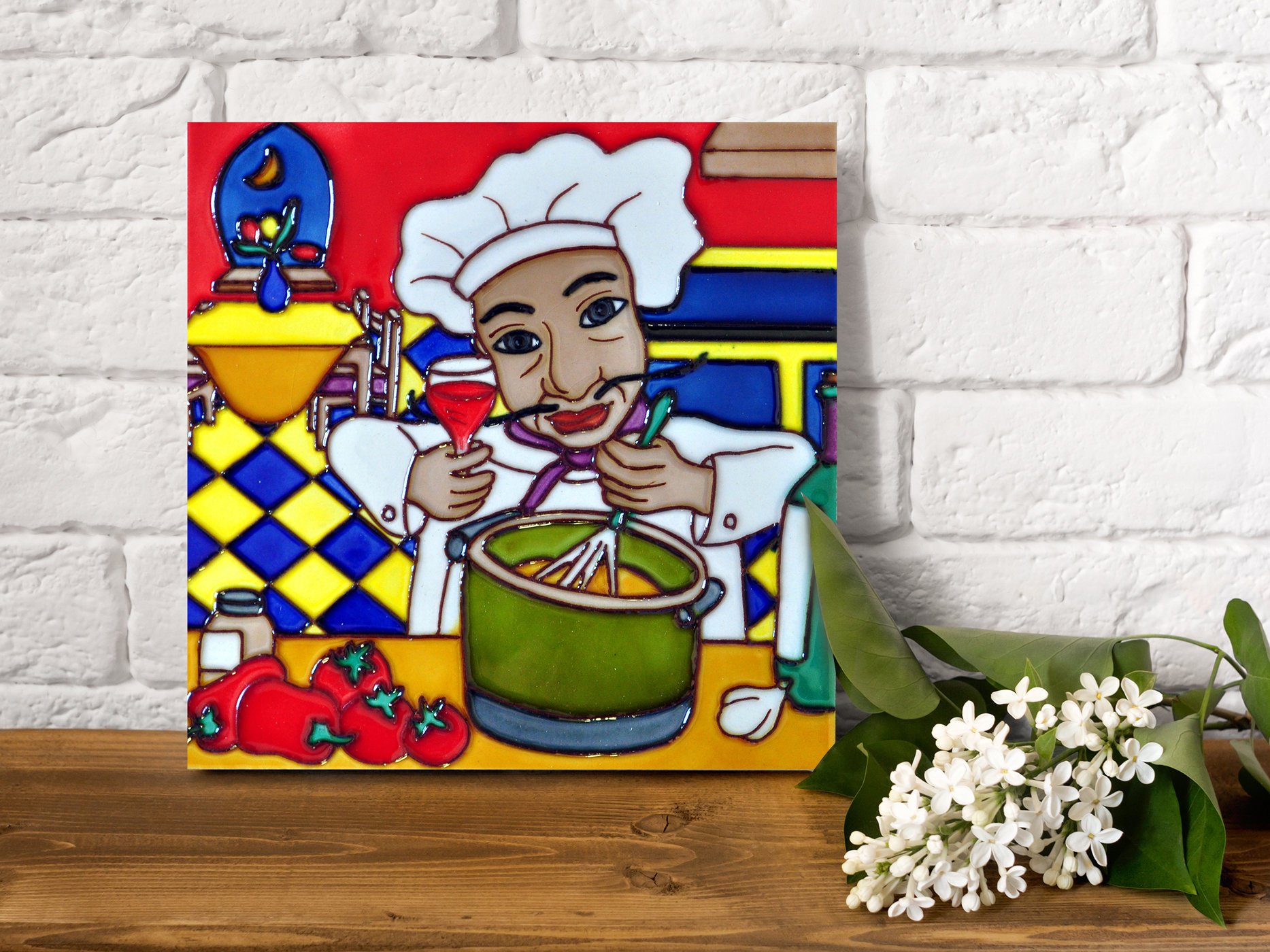Continental Art Center 8x8" Chef Mixing Pot Holding a Wine Glass ...