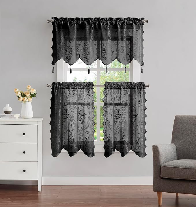 Winston Porter 3 Piece Lace Kitchen Curtains And Valances Set, Includes ...