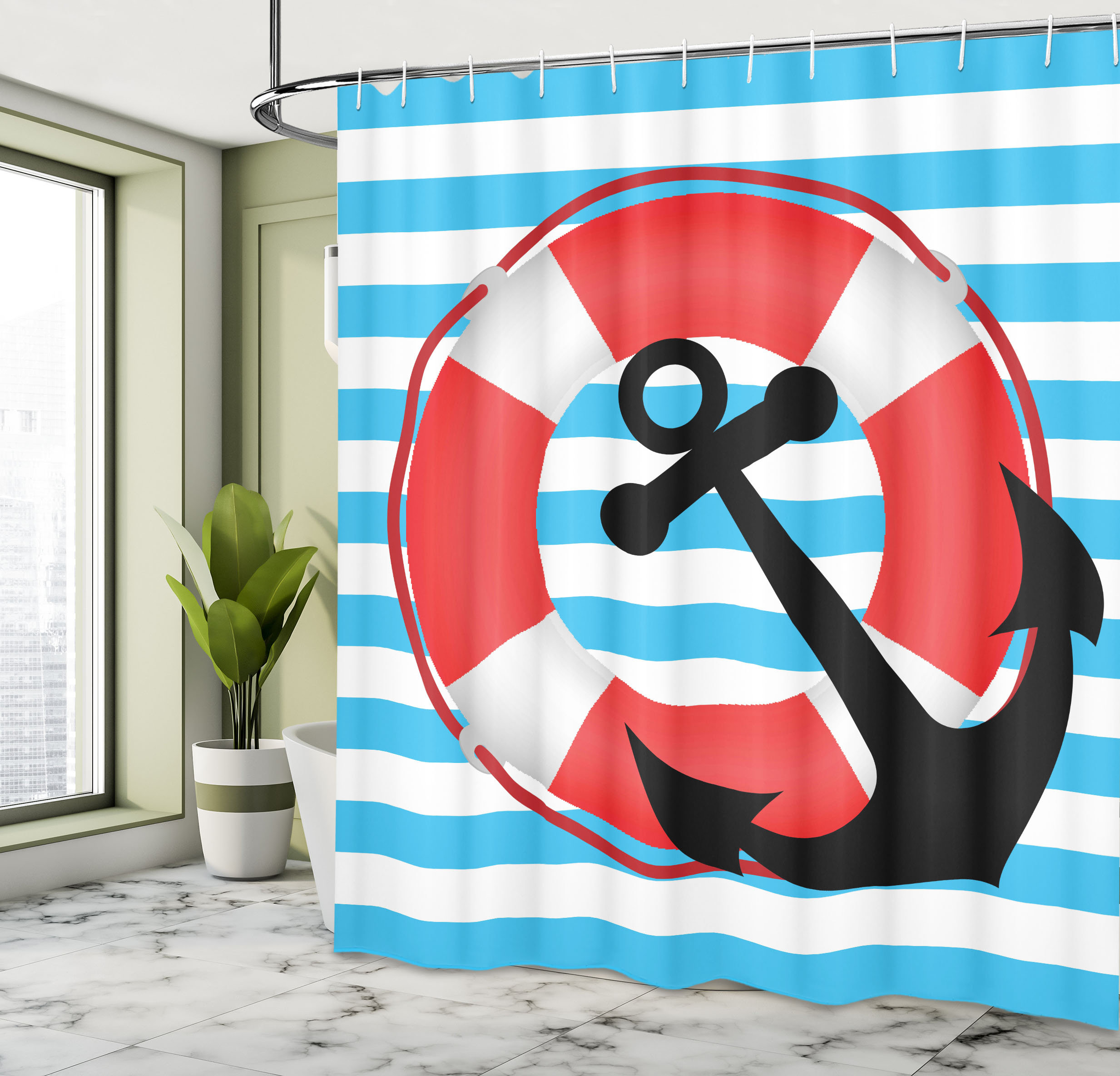 East Urban Home Anchor Shower Curtain Anchor Design Sky Blue Red Black ...