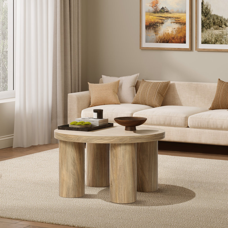 Millwood Pines Oak Finish Manufactured Wood Round Coffee Table with 4 ...
