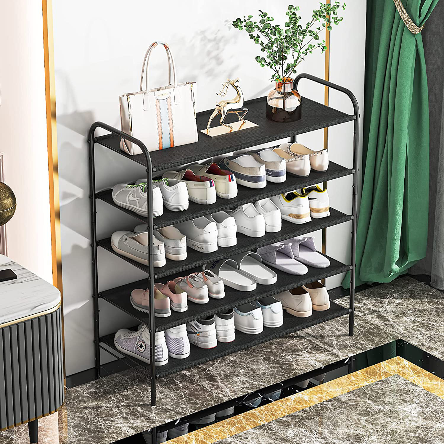 Rebrilliant 5-Tier Stackable Shoe Rack Organizer, Adjustable Fabric ...