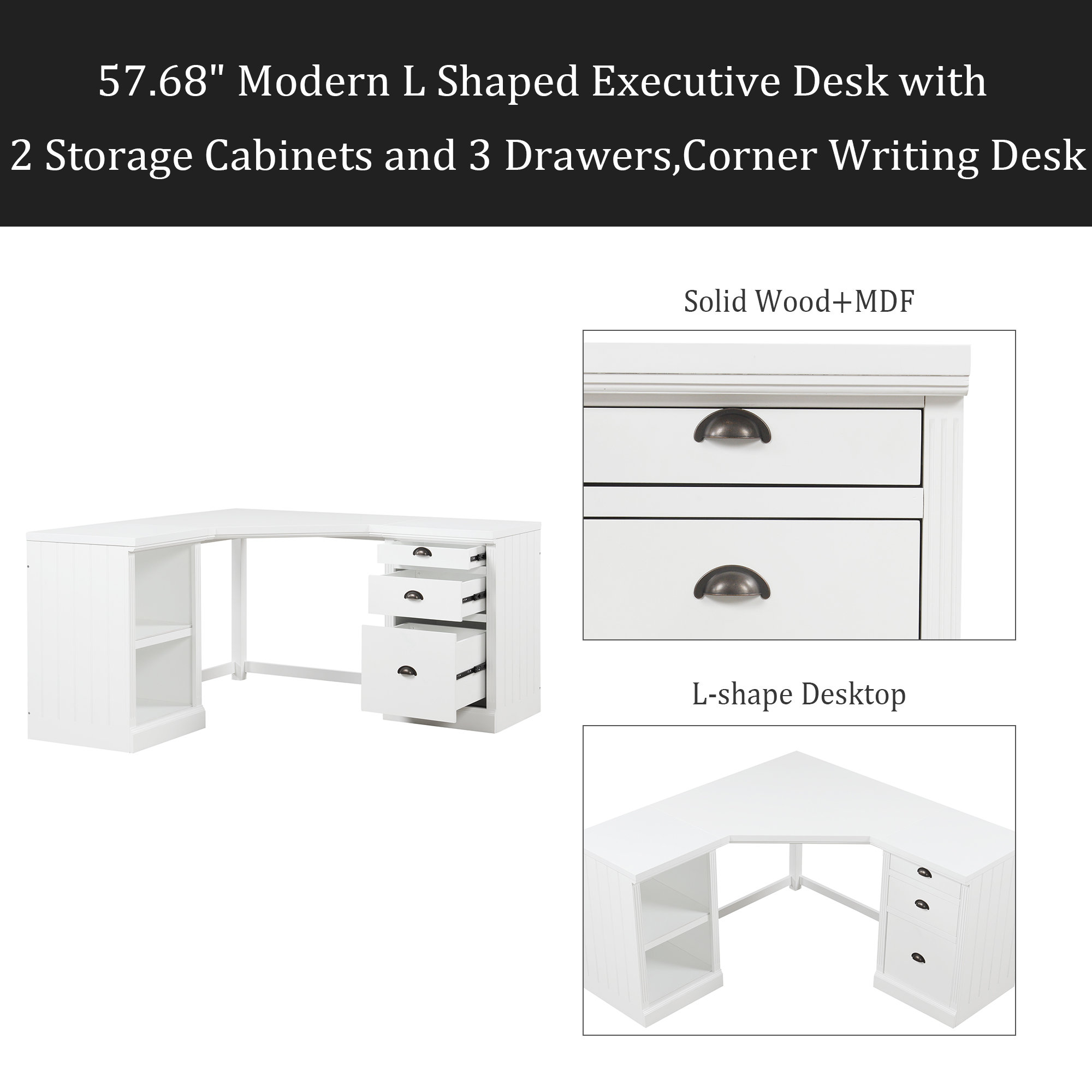 Lark Manor 57.68" Modern L Shaped Executive Desk With 2 Storage ...