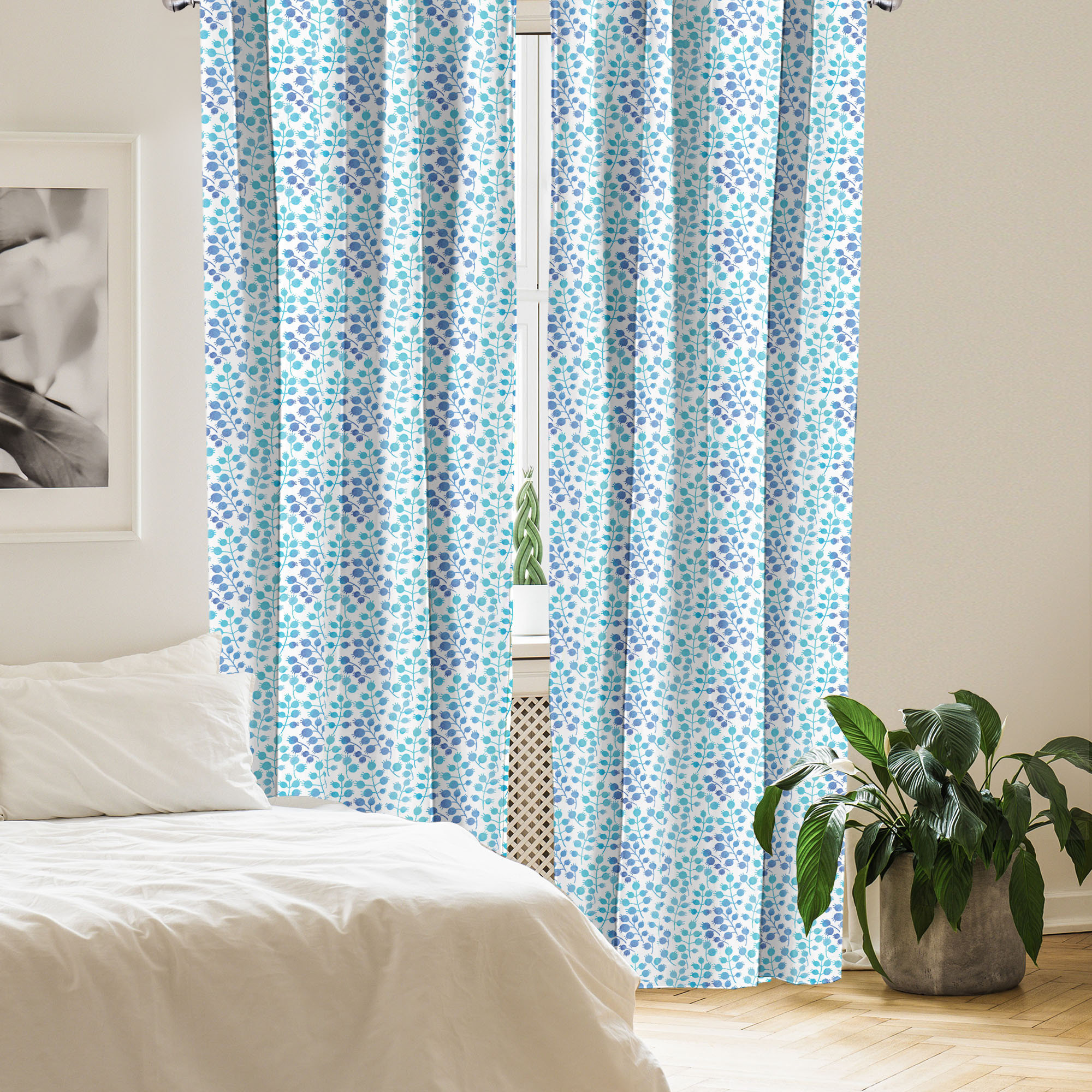 East Urban Home Flower 4-Panel Curtains, Buds Branches Blue Tones ...