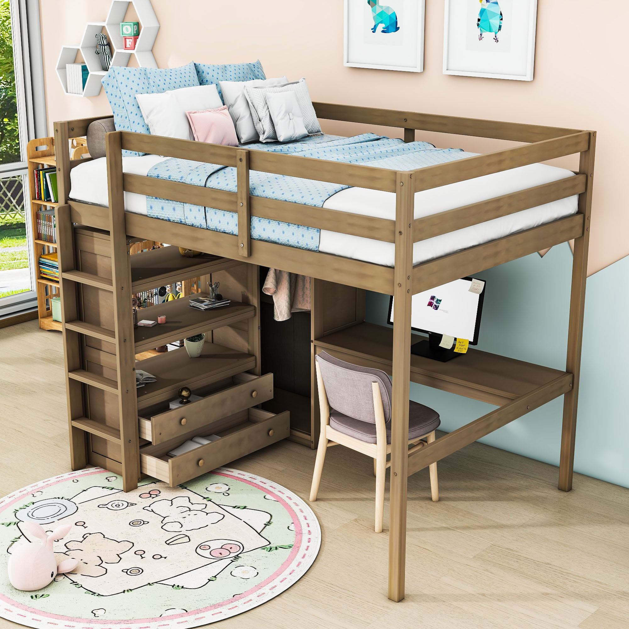 Harriet Bee Full Loft Bed With Built-In Wardrobe, Desk, Storage Shelves ...