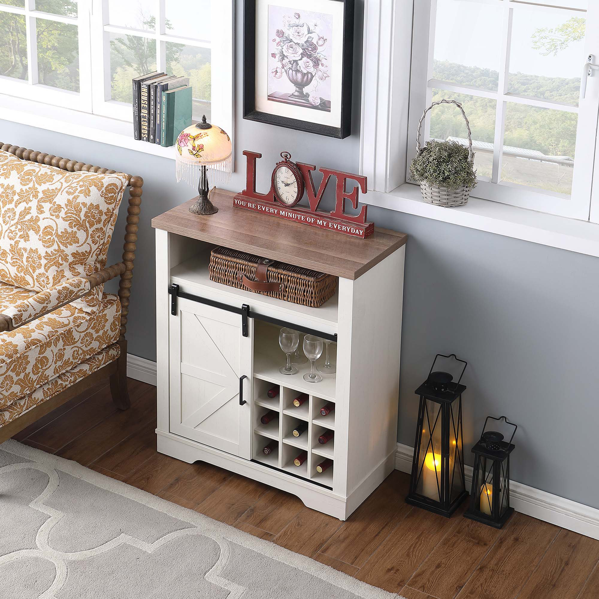Ophelia & Co. Farmhouse Storage Cabinet With Sliding Barn Door & Wine ...