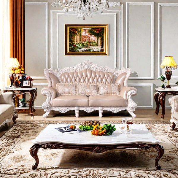 Romero European Luxury Carved Leather Sofa 96.4'' Genuine Leather ...