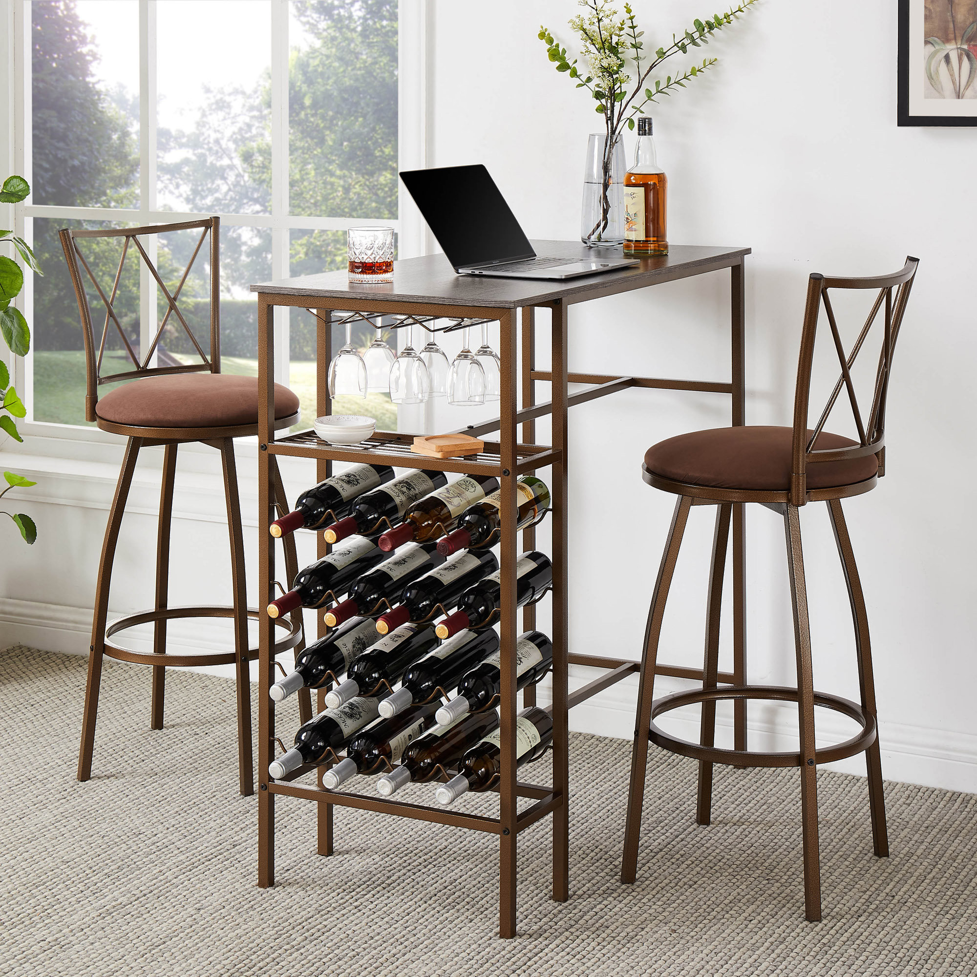 17 Stories 3-Piece Bar Steels Kitchen Dining Room Table Set Retro Brown ...