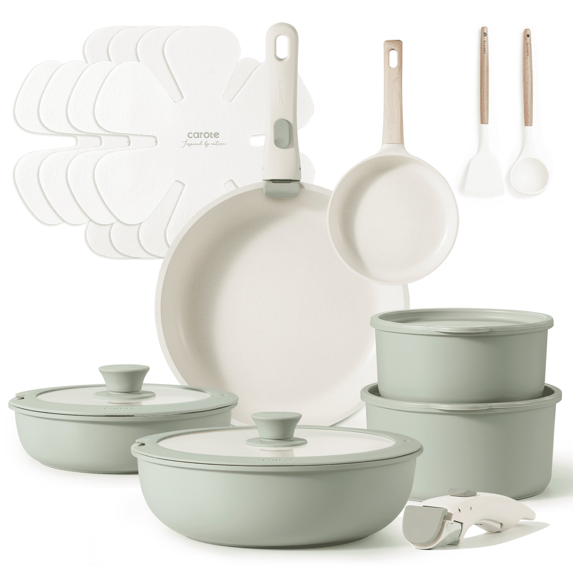 CAROTE 18-Piece Nonstick Cookware Set with Detachable Handle, Green ...