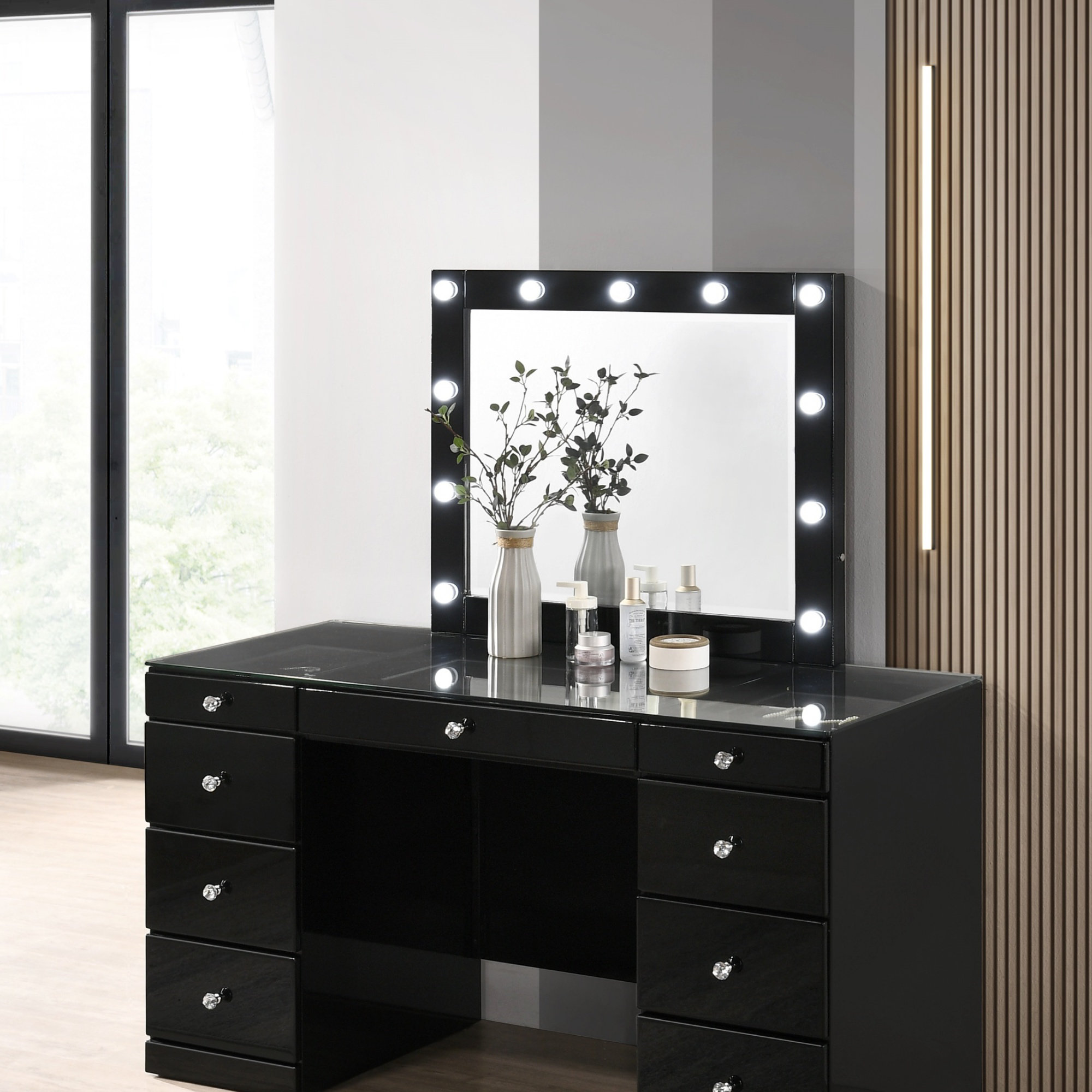 Everly Quinn 2Pc Makeup Vanity Set LED Lighted Mirror Glass Top 9 ...