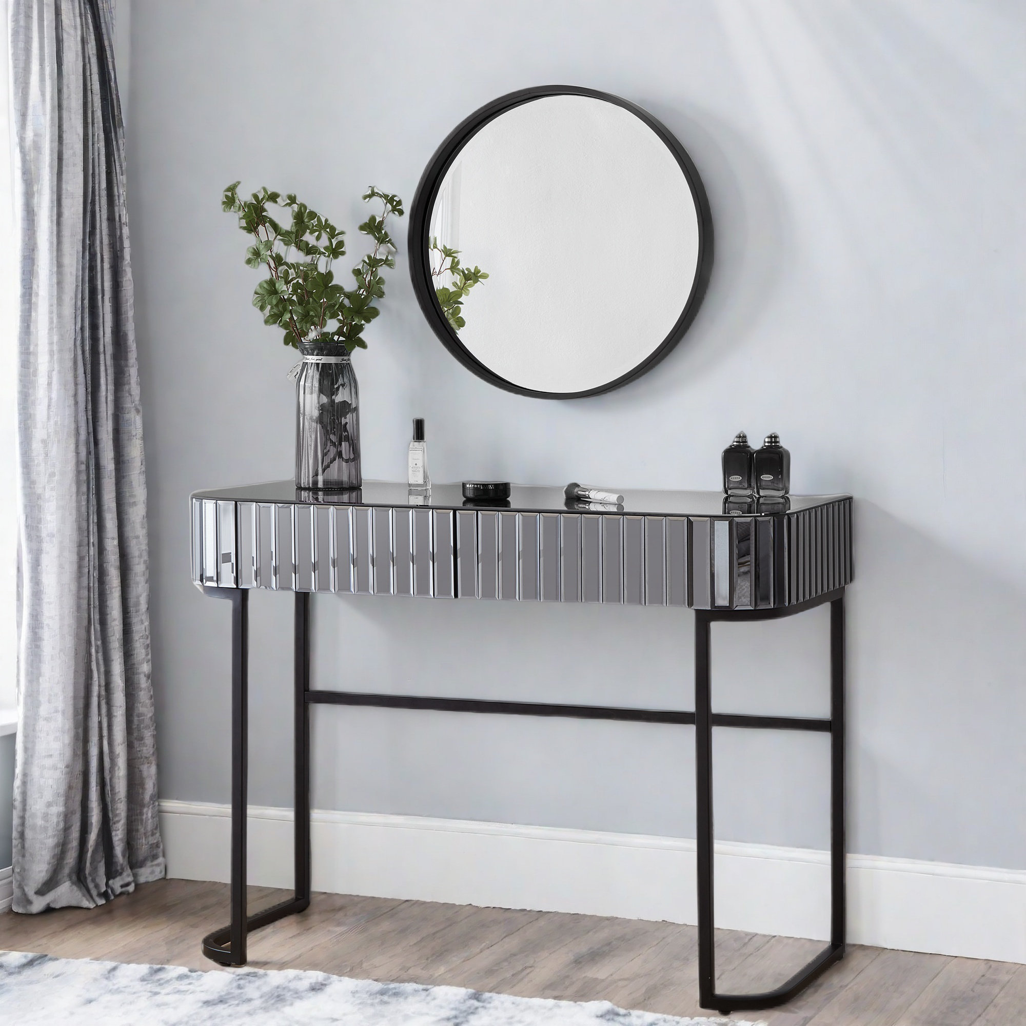 Mercer41 Makeup vanity table with stainless steel base, 2 drawers and ...
