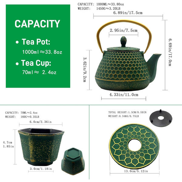 House of Hampton Cast Iron Tea Kettle Set Hexagon Pattern Teapot Set ...