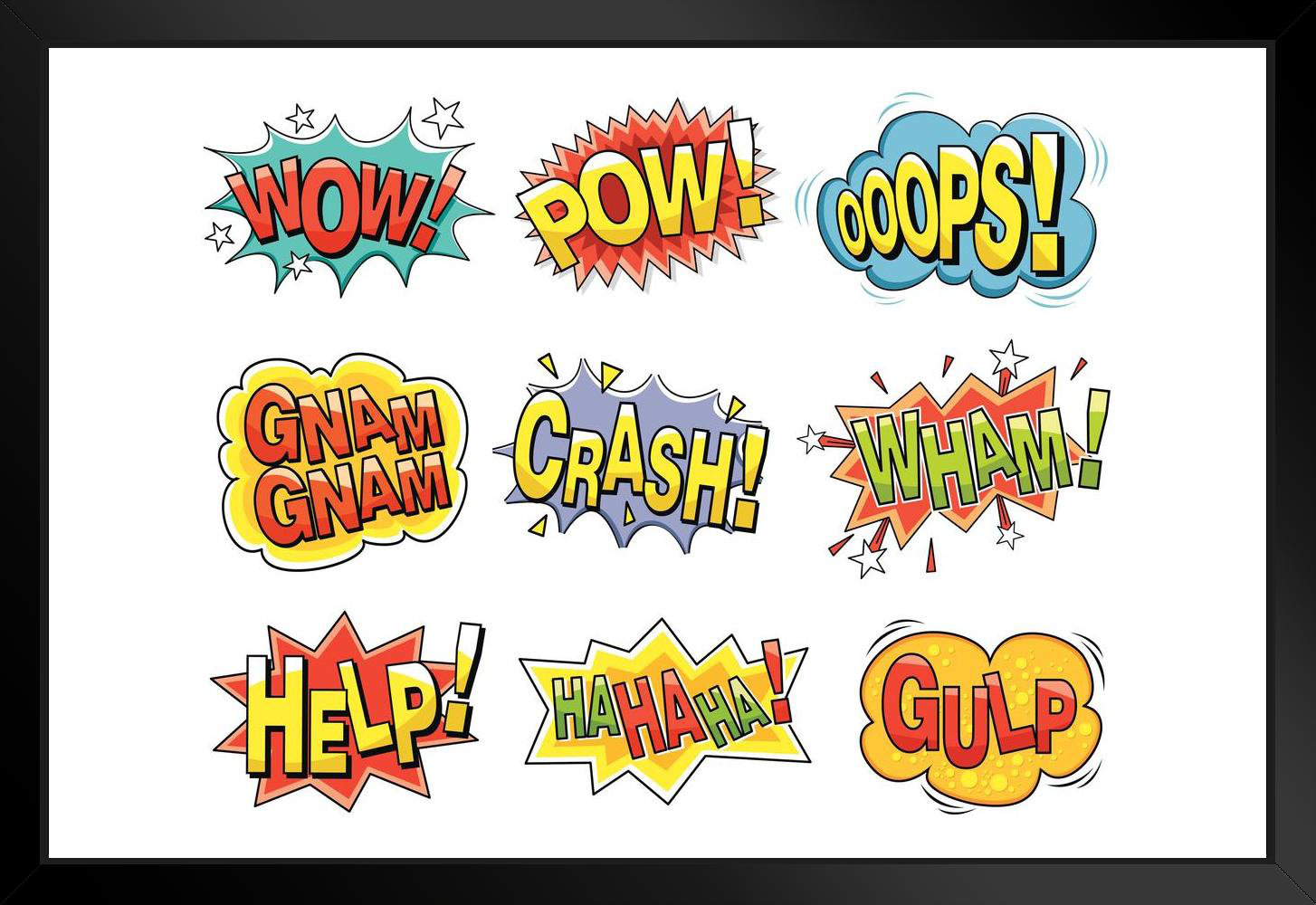 Trinx Vintage Cartoon Sound Effects Art Print Black Wood Framed Poster ...