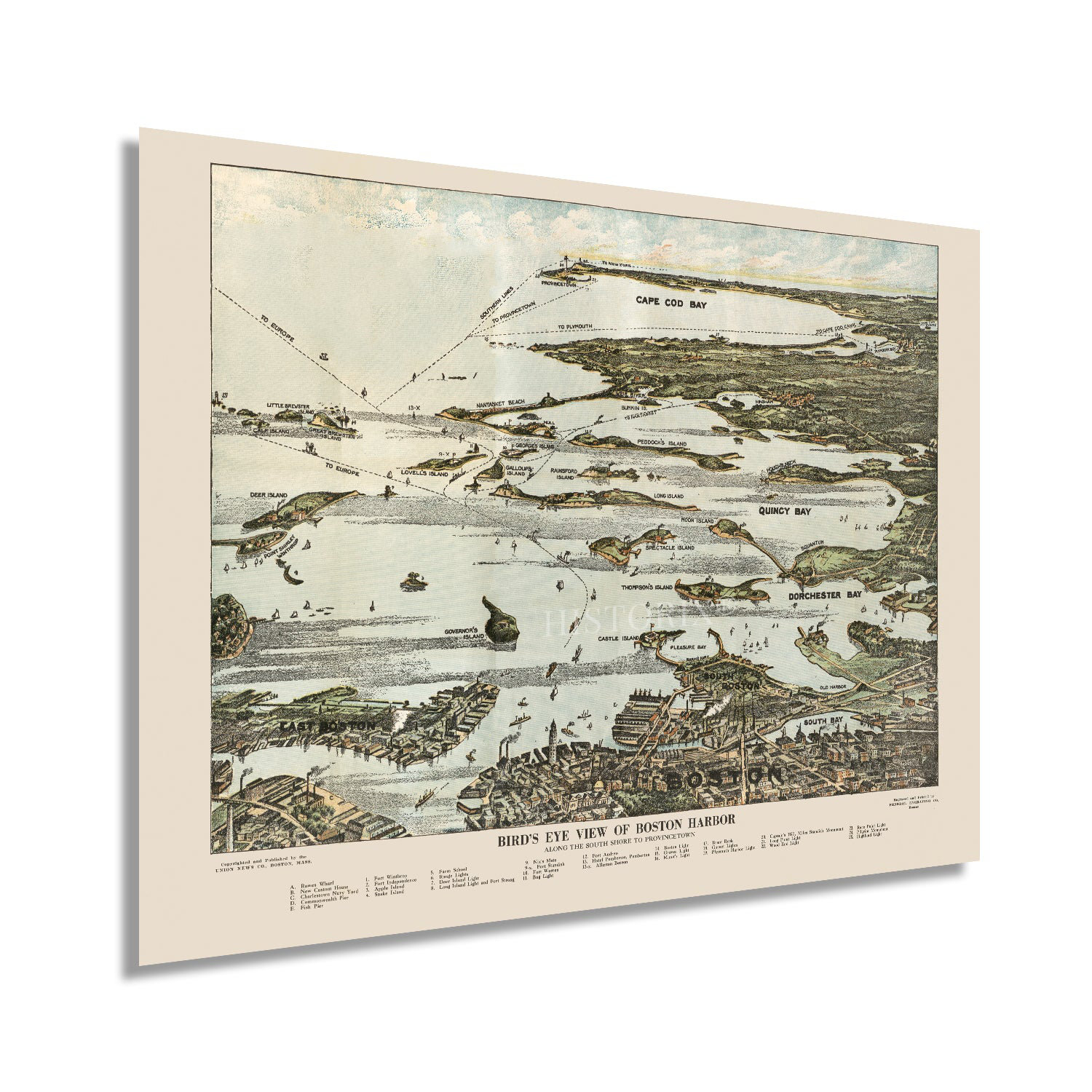 HISTORIC PRINTS 1920 Boston Harbor Map - Old Boston Poster - Bird's Eye ...