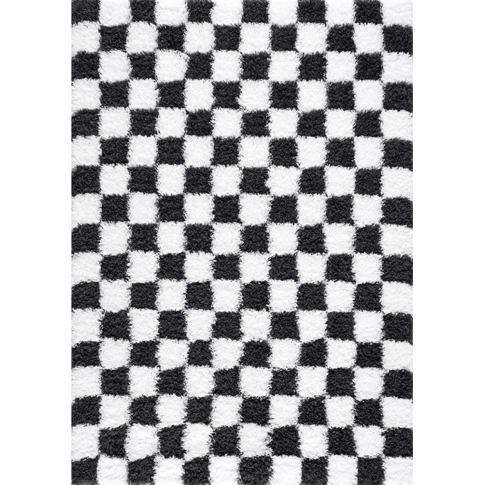 Latitude Run® Atiray Shag Checkered Modern Black / White Area Rug ...