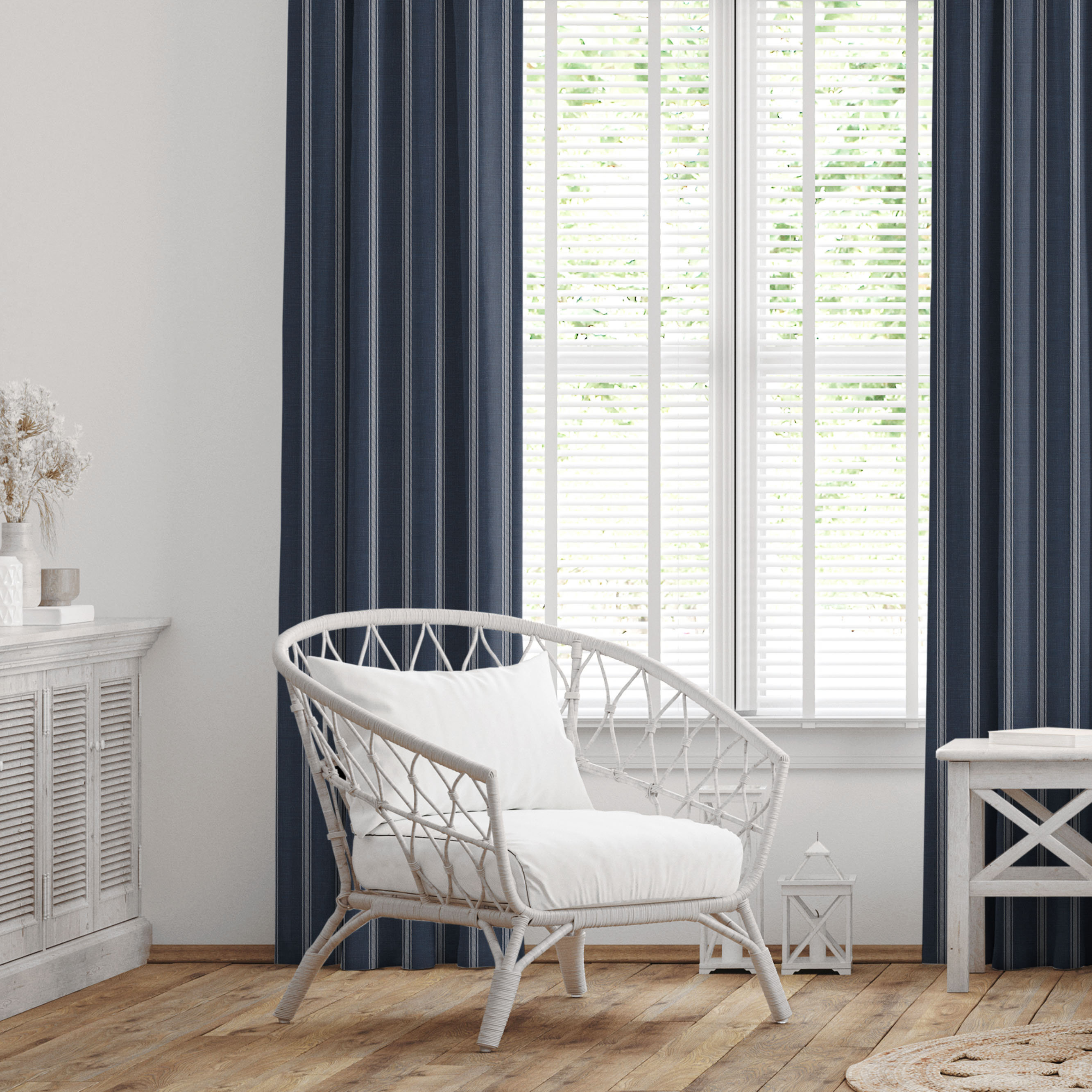 6ix Tailors Fine Linens Shay Broad Ticking Stripe Dark Denim Cotton Rod ...