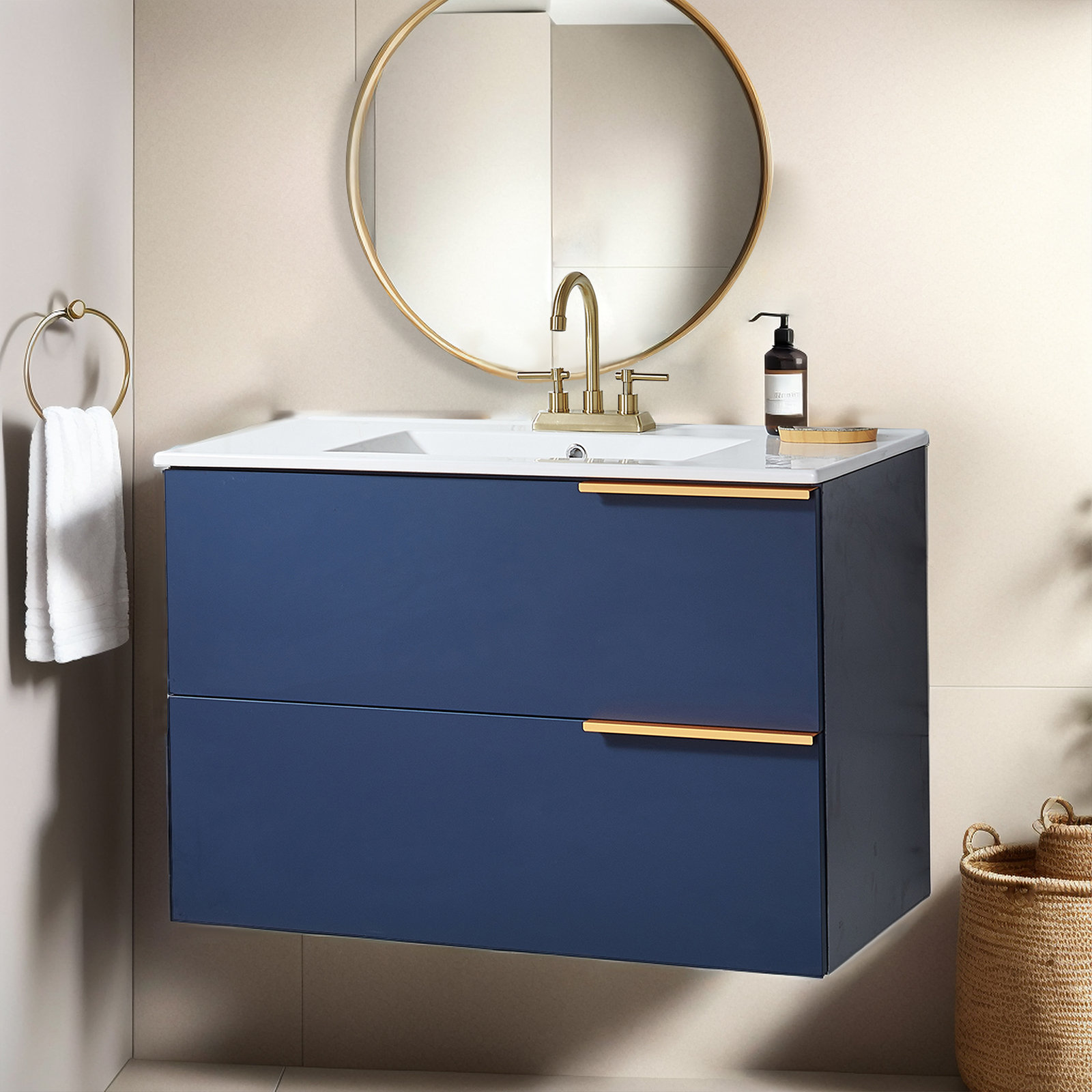 Mercer41 36" Blue Modern Wall-Mounted 2-Drawer Single Bathroom Vanity ...