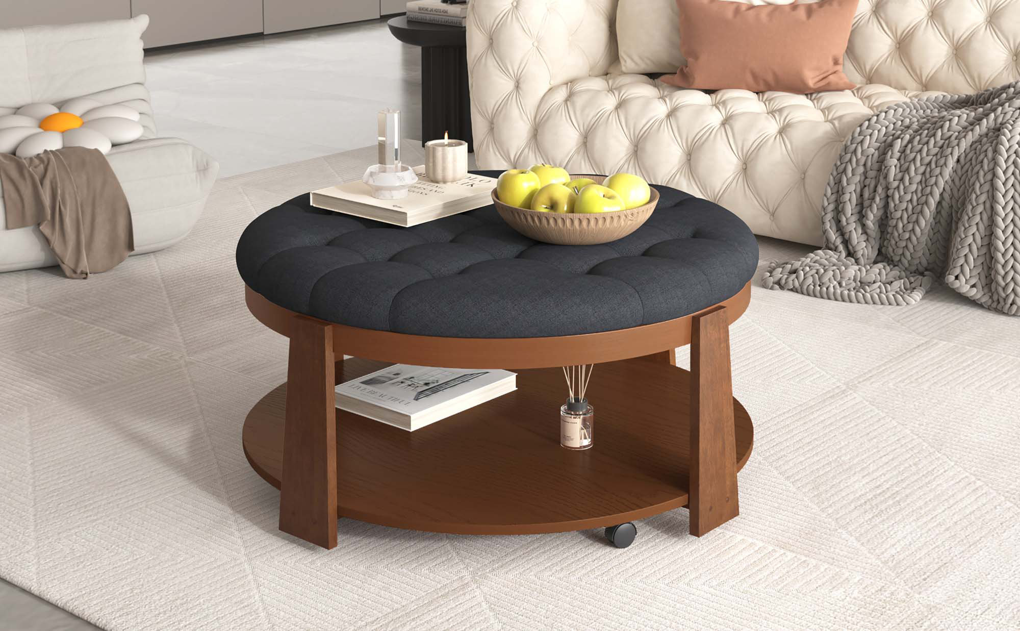 Latitude Run® Modern Large Round Ottoman Coffee Table 2-Tier Oversized ...