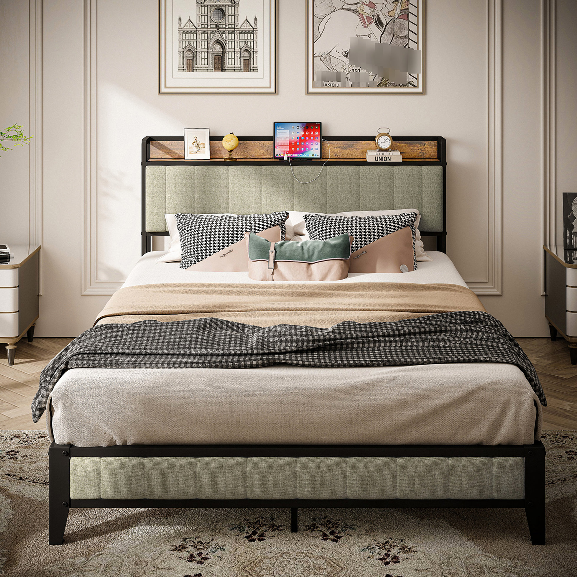 Ebern Designs Queen Size Bed Frame - Metal, Upholstered Headboard ...