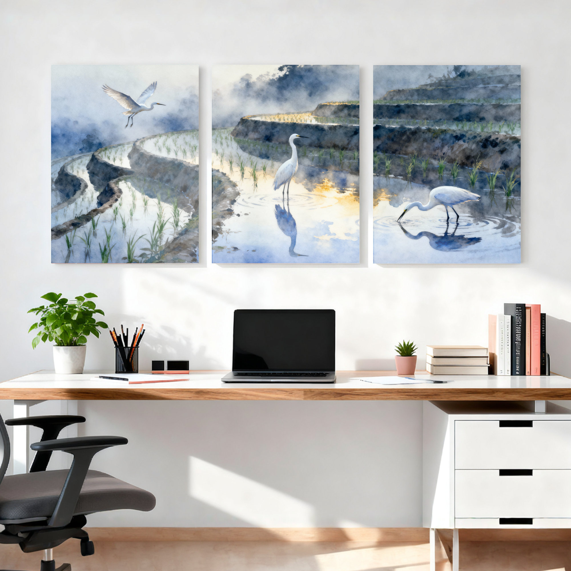 Winston Porter White Heron and Rice Terraces Landscape Canvas Wrapped ...