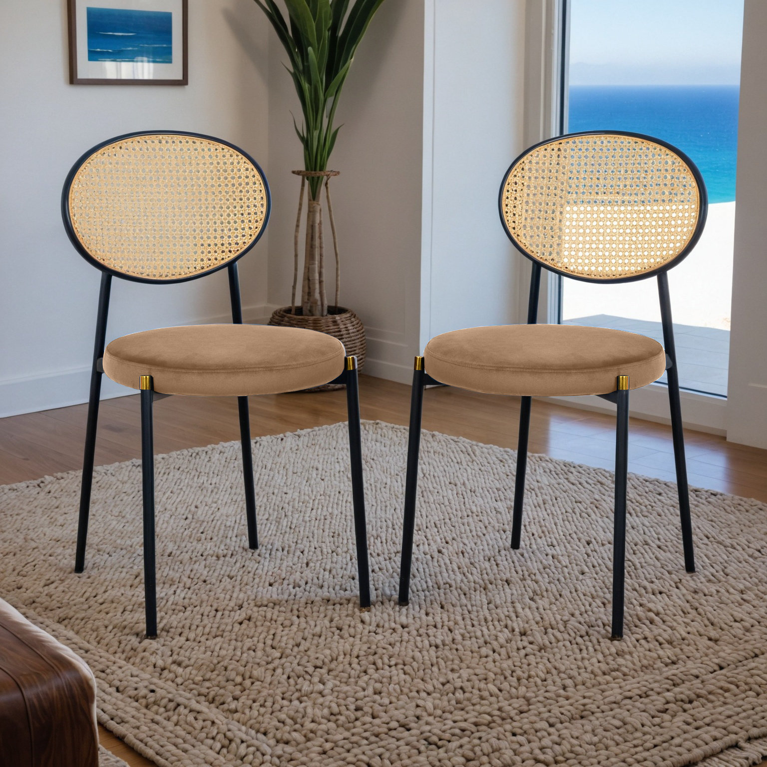 Bayou Breeze Cordera Velvet Dining Side Chair with Rattan Back and ...