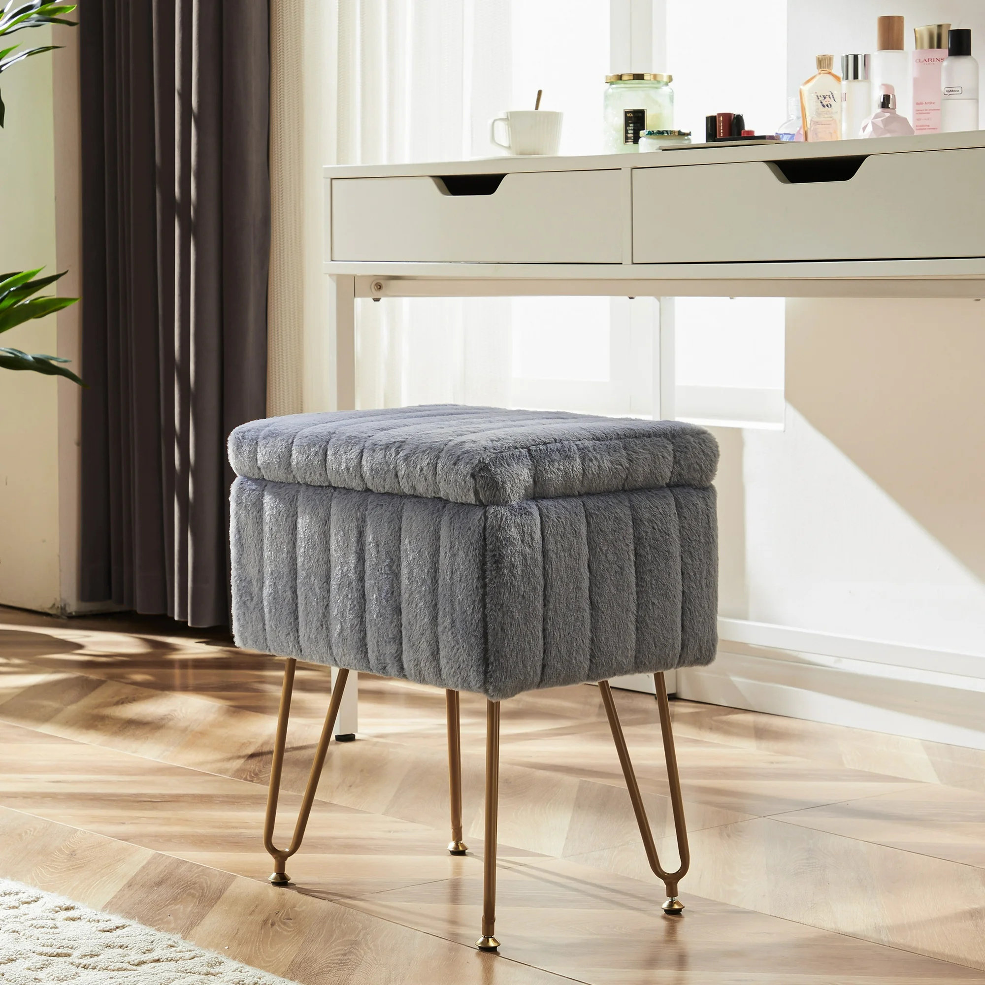 House of Hampton Small Vanity Stool Chair with Storage, Faux Fur Soft ...