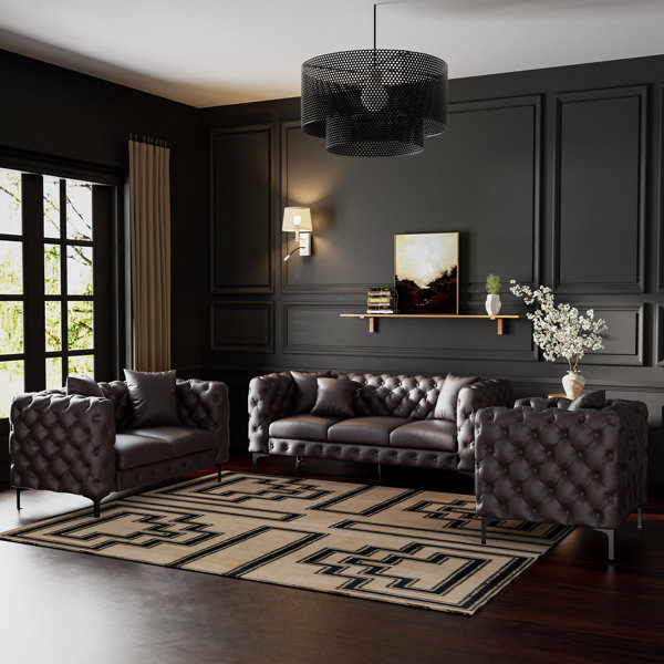 Lark Manor 3 Piece Faux Leather Living Room Sets with Sofa, Loveseat ...