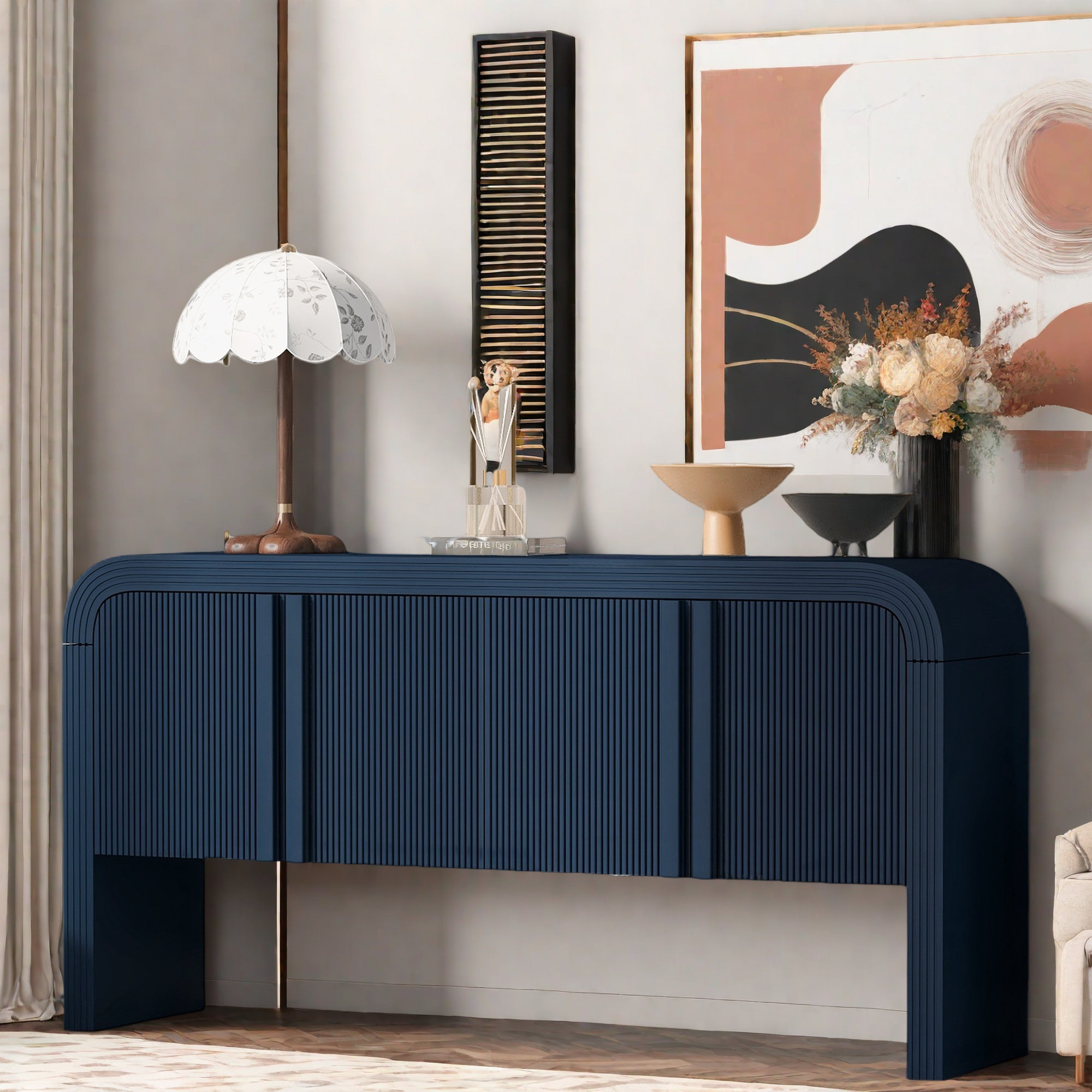 Ebern Designs 4-door Sideboard With Stripe Design, Adjustable Shelves And Curved Edge | Wayfair