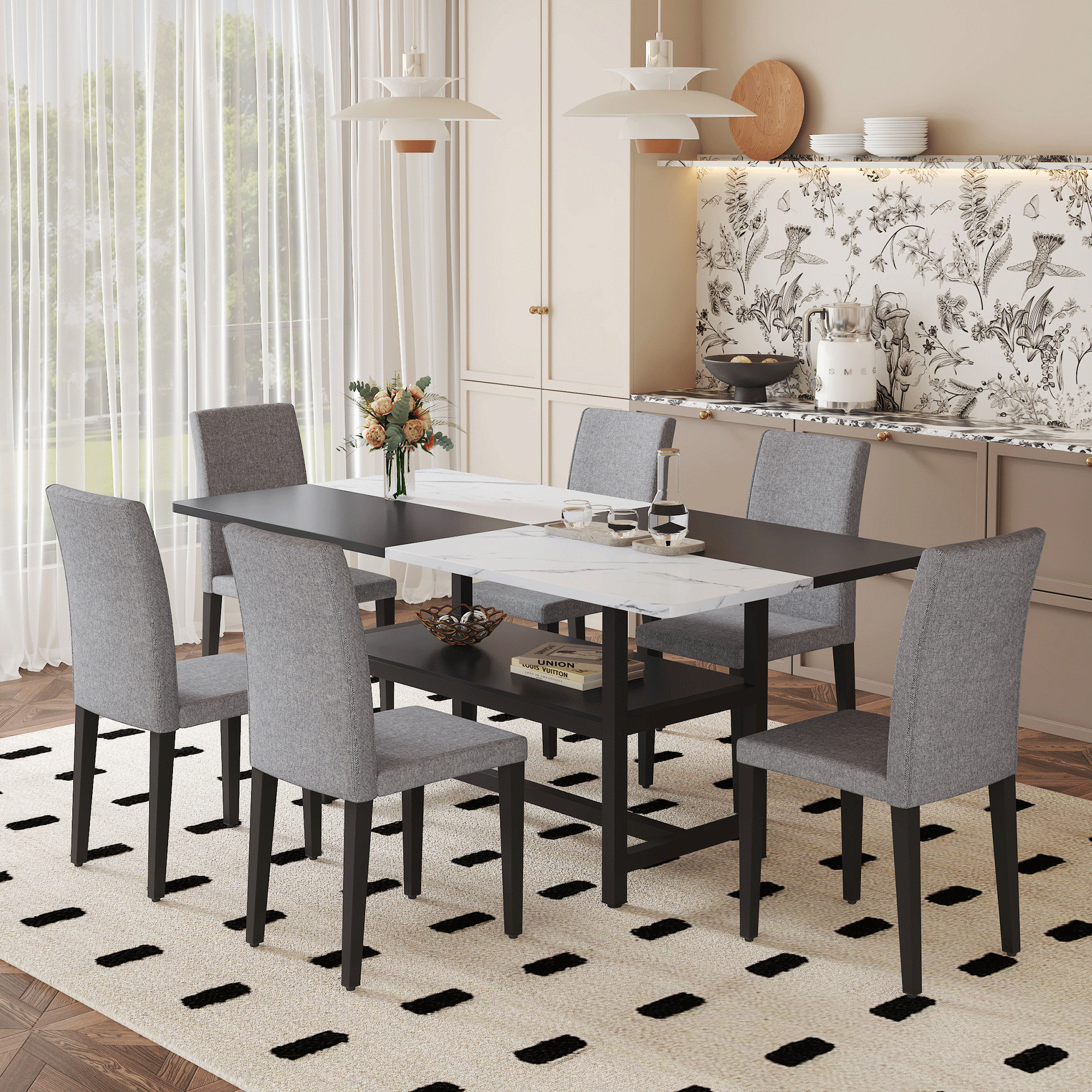 17 Stories Table And Chair Set.71*35.4 Inch And Spliced Dining Table ...