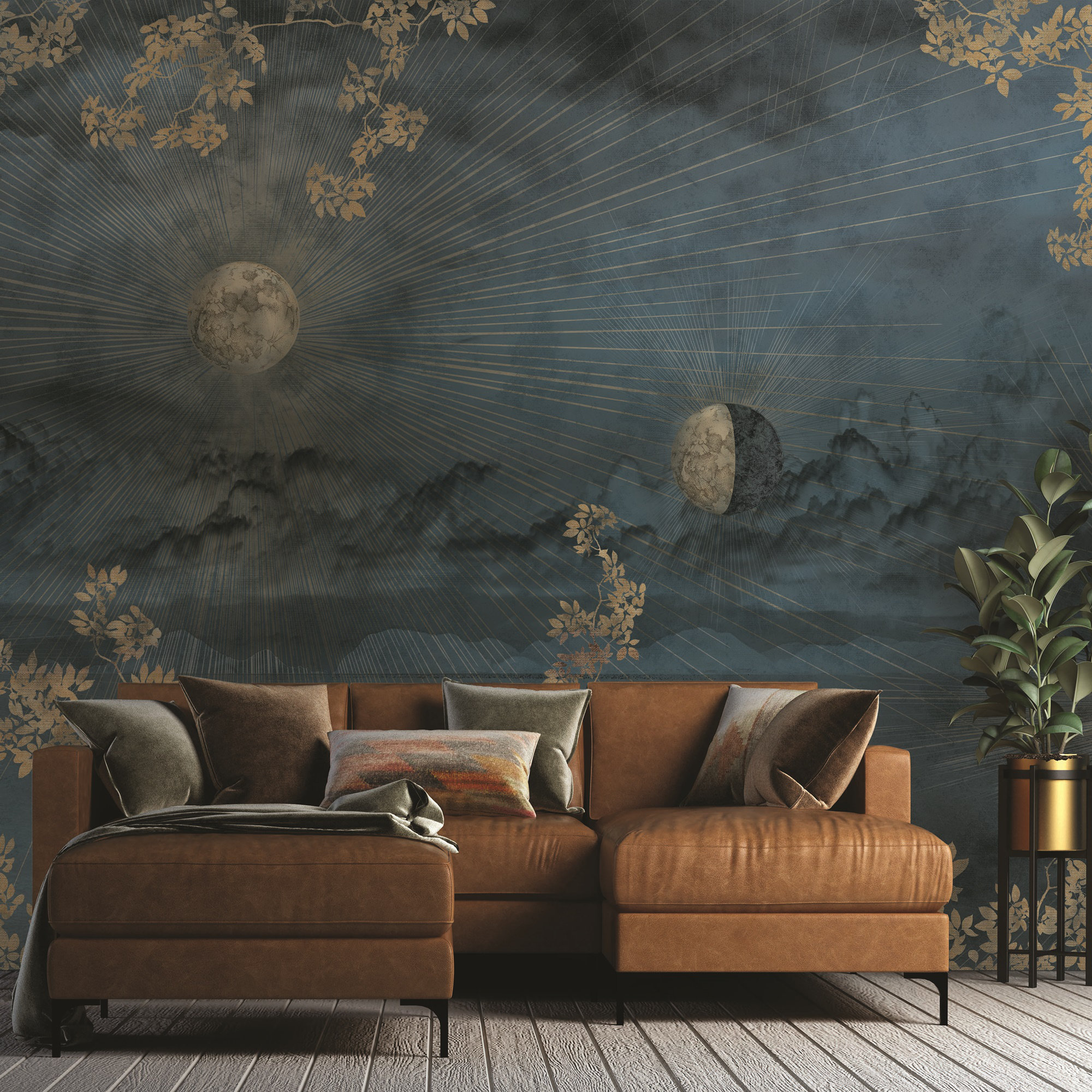 GK Wall Design Celestial Night Sky Wallpaper Mural Golden Foliage Moon ...