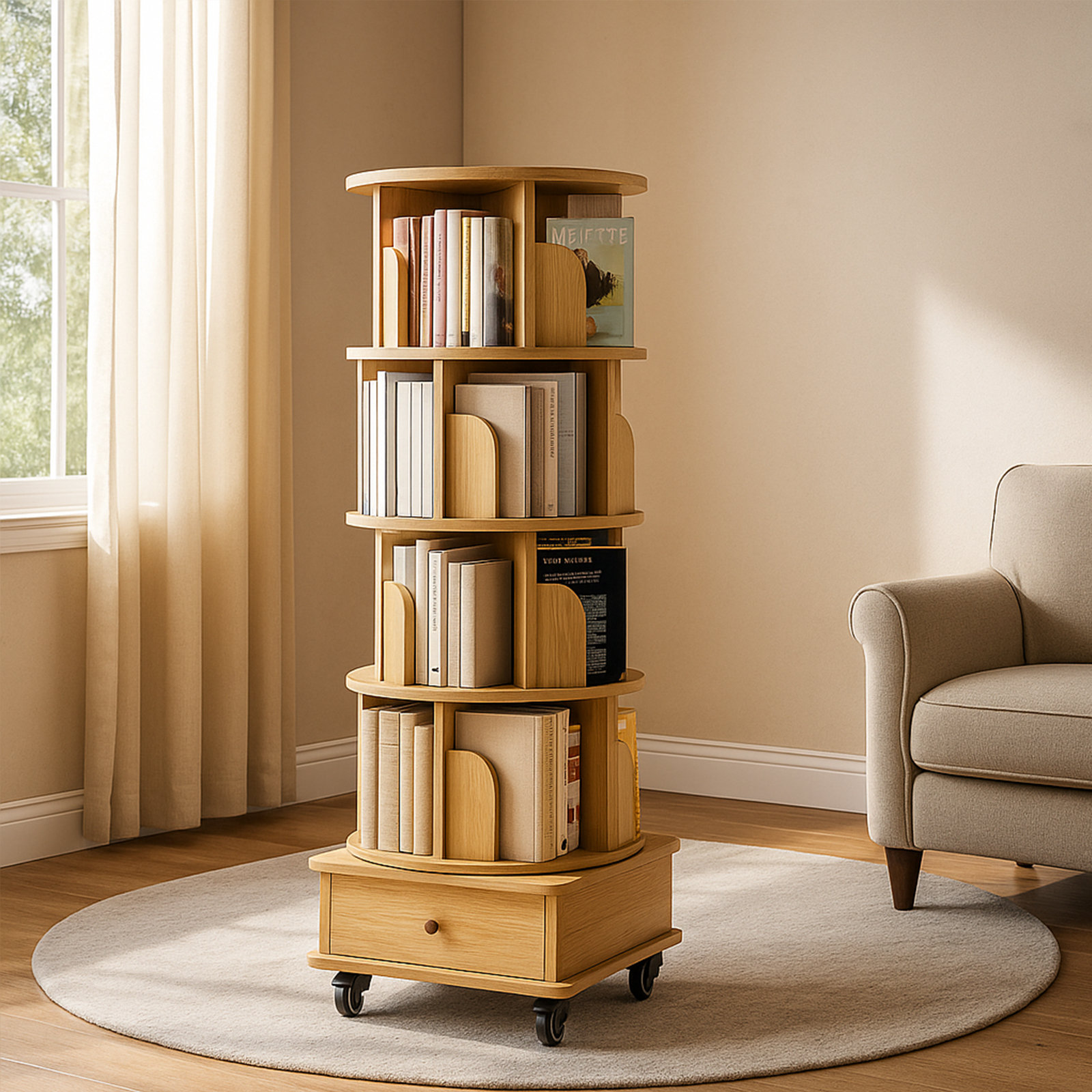 Latitude Run® 360° Rotating Bookshelf with Drawer & Casters – Space ...