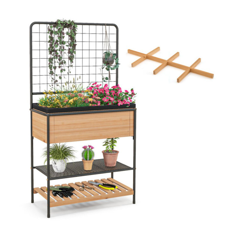 Loon Peak® Raised Garden Bed With Trellis 2-Tier Storage Shelves | Wayfair