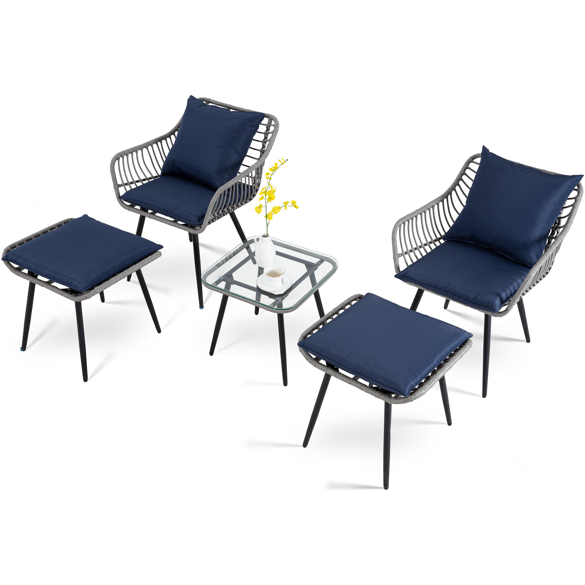One Allium Way® 5 Piece Patio Bistro Set With Ottoman, Outdoor Wicker ...