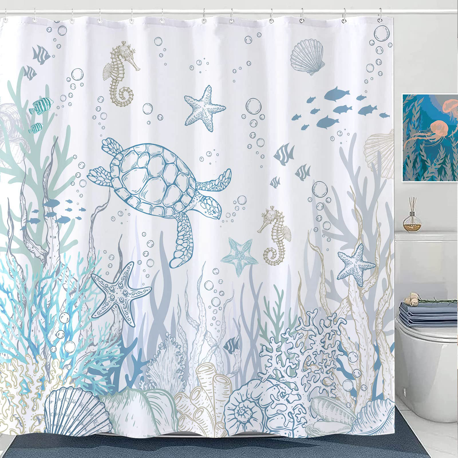 Beachcrest Home Nautical Coastal Turtle Shower Curtain, Coral Starfish ...