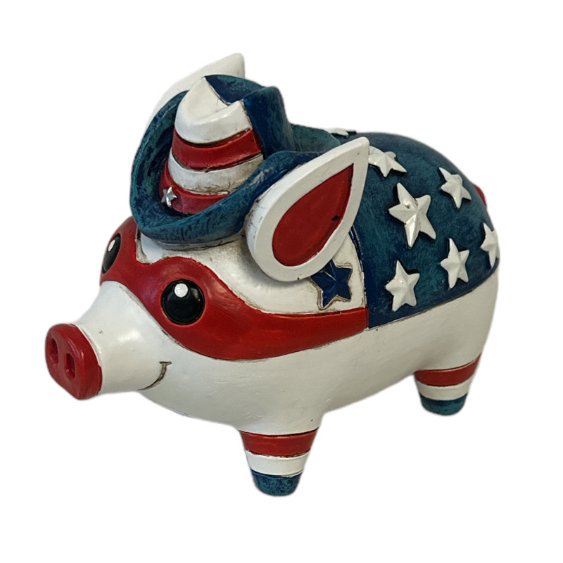 August Grove® Polyresin Red White & Blue America Cowboy Pig Rustic ...