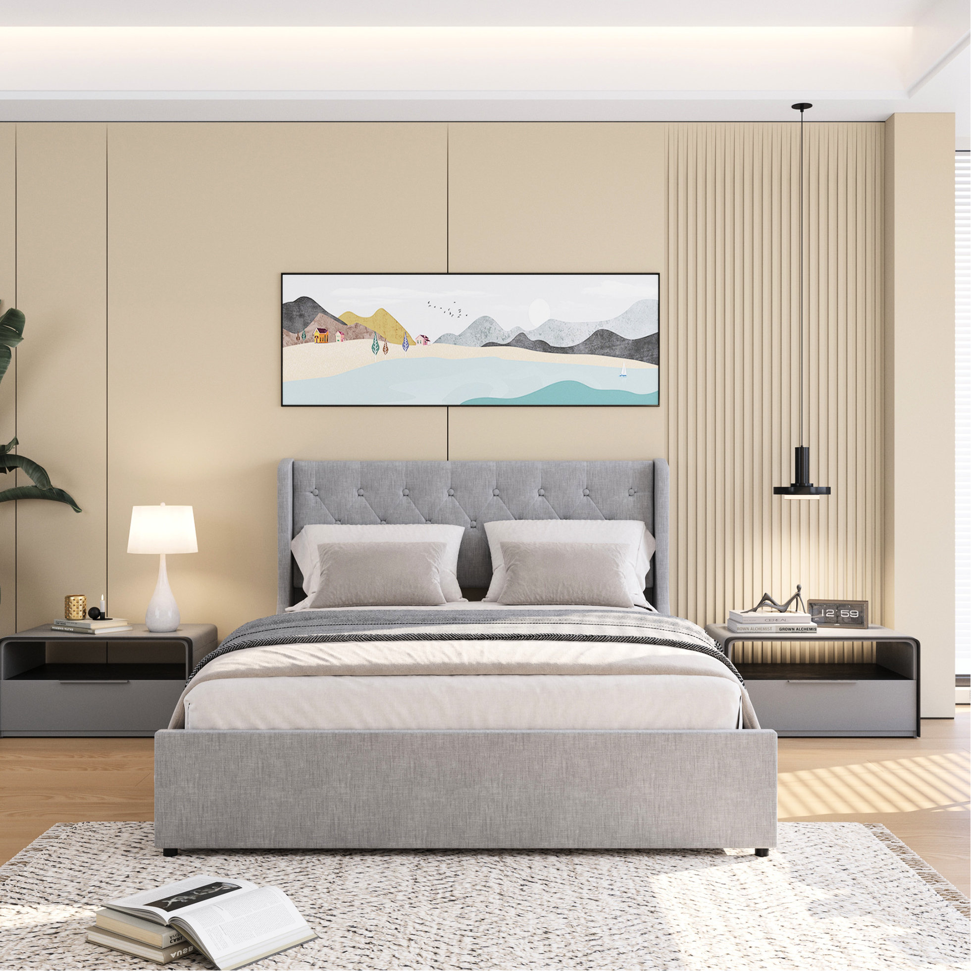 Latitude Run® 4 Drawer Queen Size Bed With Wingback Headboard And Gray ...