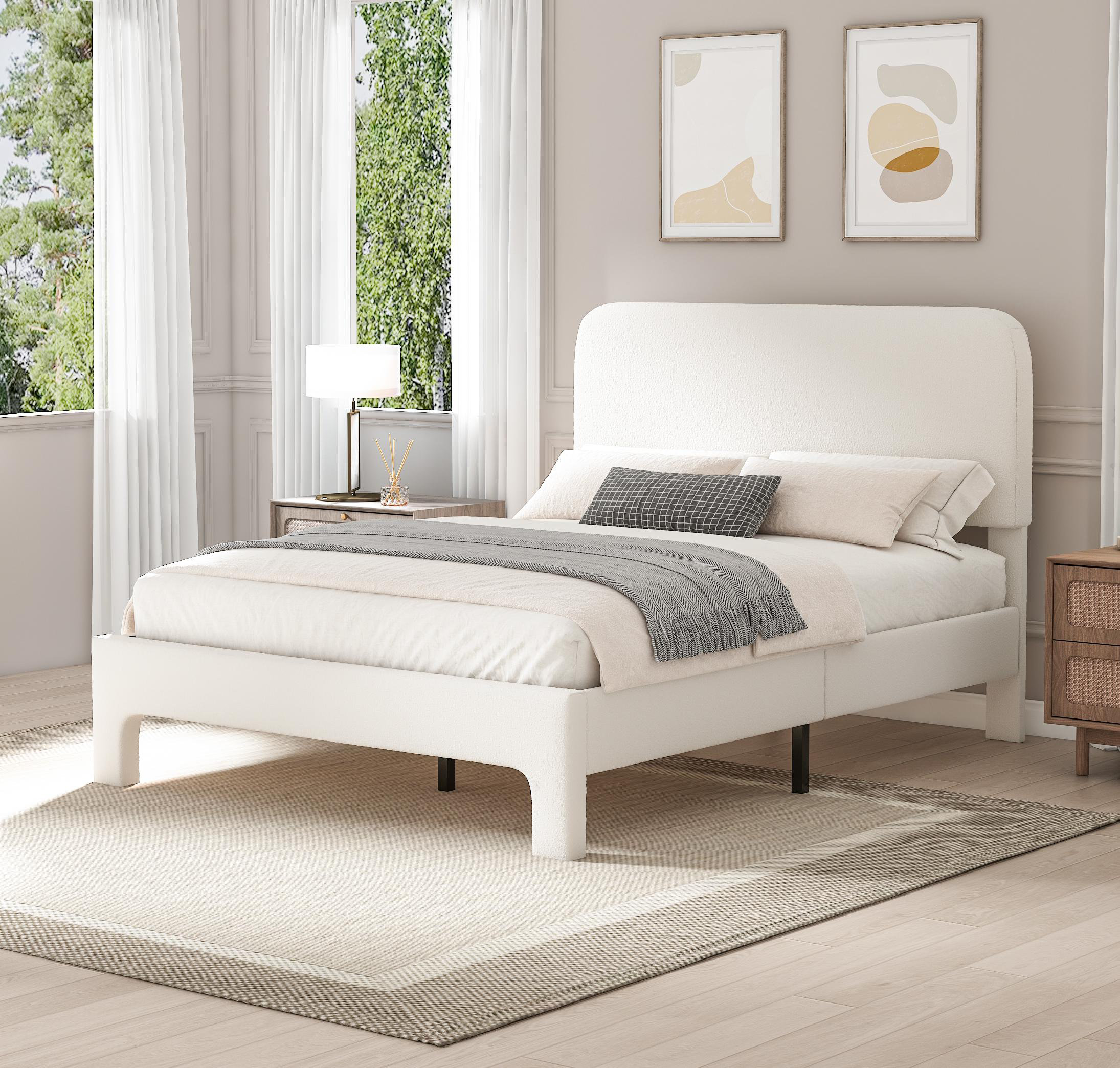 Ebern Designs Reigen Boucle Platform Bed, Upholstered Cloud Bed Frame ...