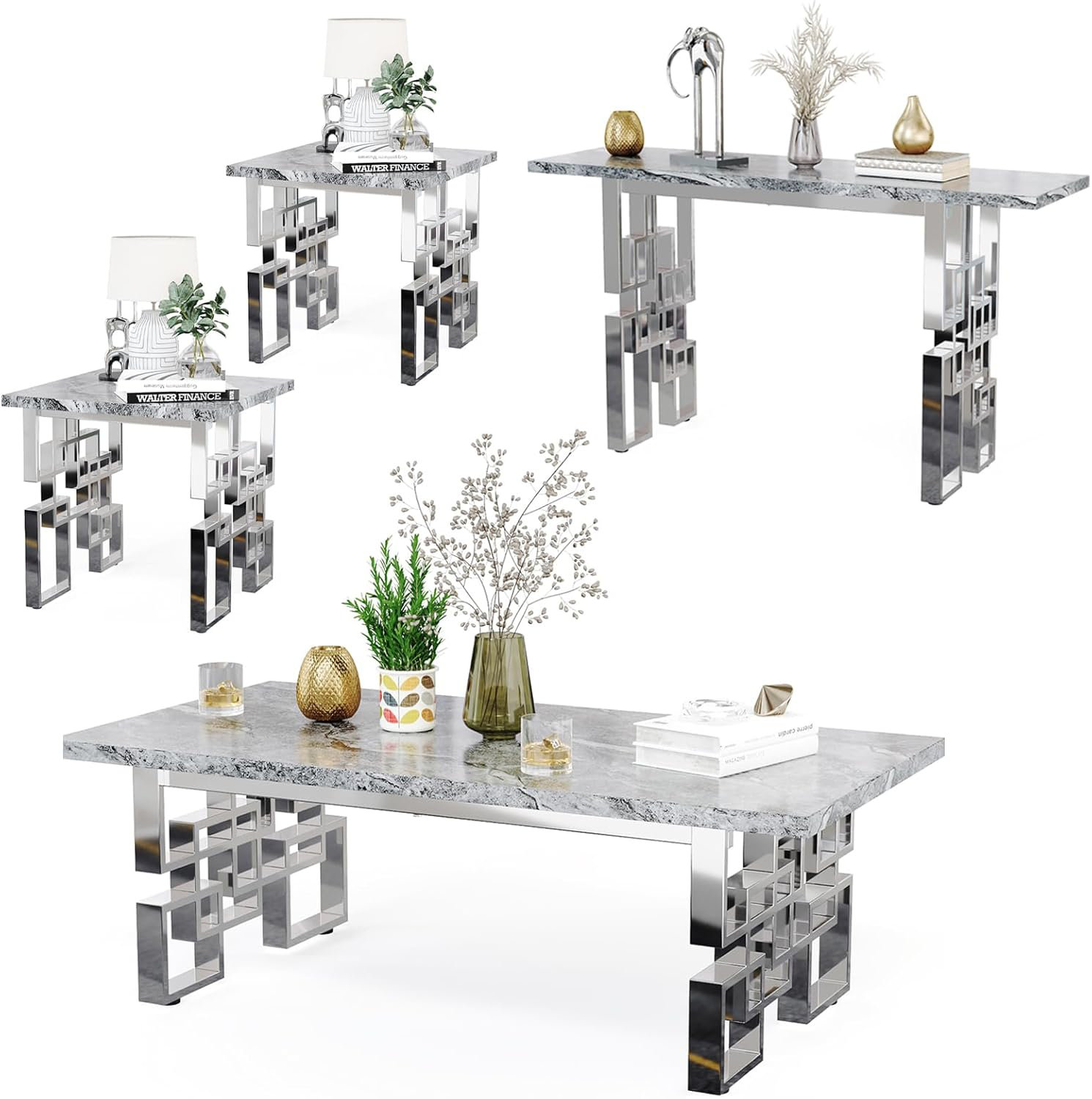 ANEWSUN 4 Piece Gray And Silver Living Room Table Set | Wayfair