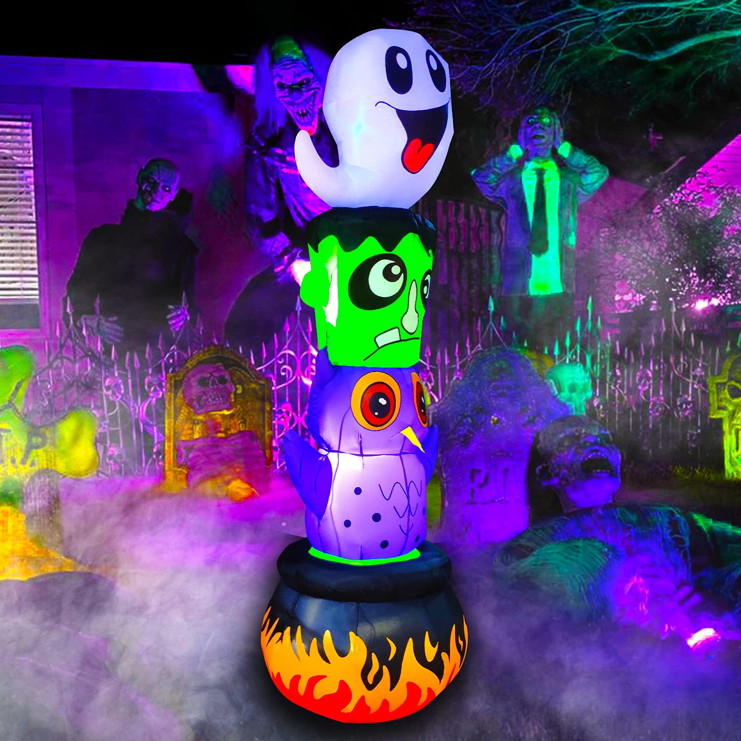 SEASONBLOW Totem Pole with Ghost Frankenstein Monster Owl Cauldron ...