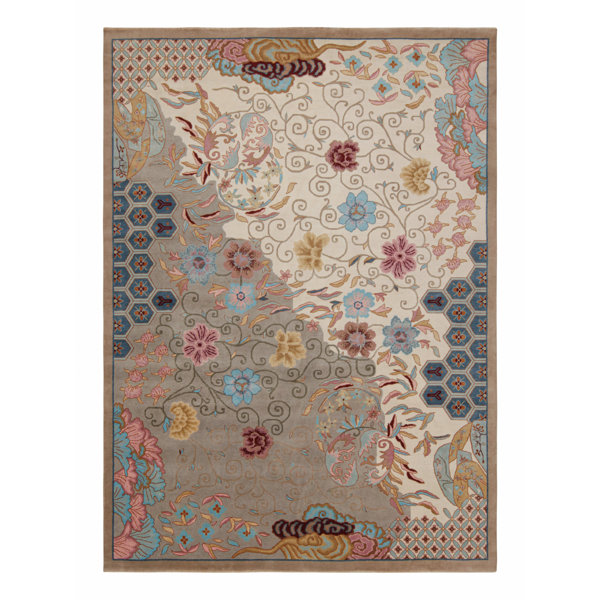 Rug & Kilim’S Chinese Art Deco Rug In Beige With Colorful Floral ...