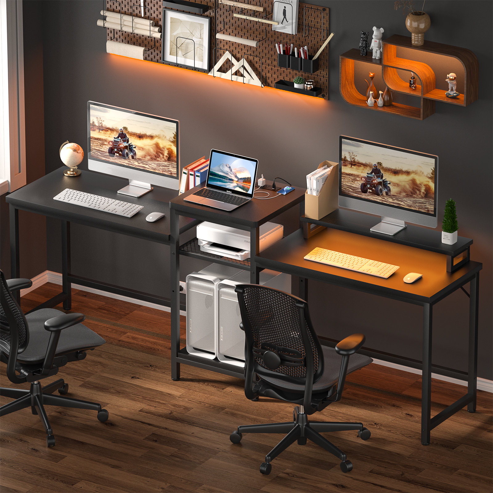 Wrought Studio™ Rectangle Double Computer Desk with LED Strip and Power ...