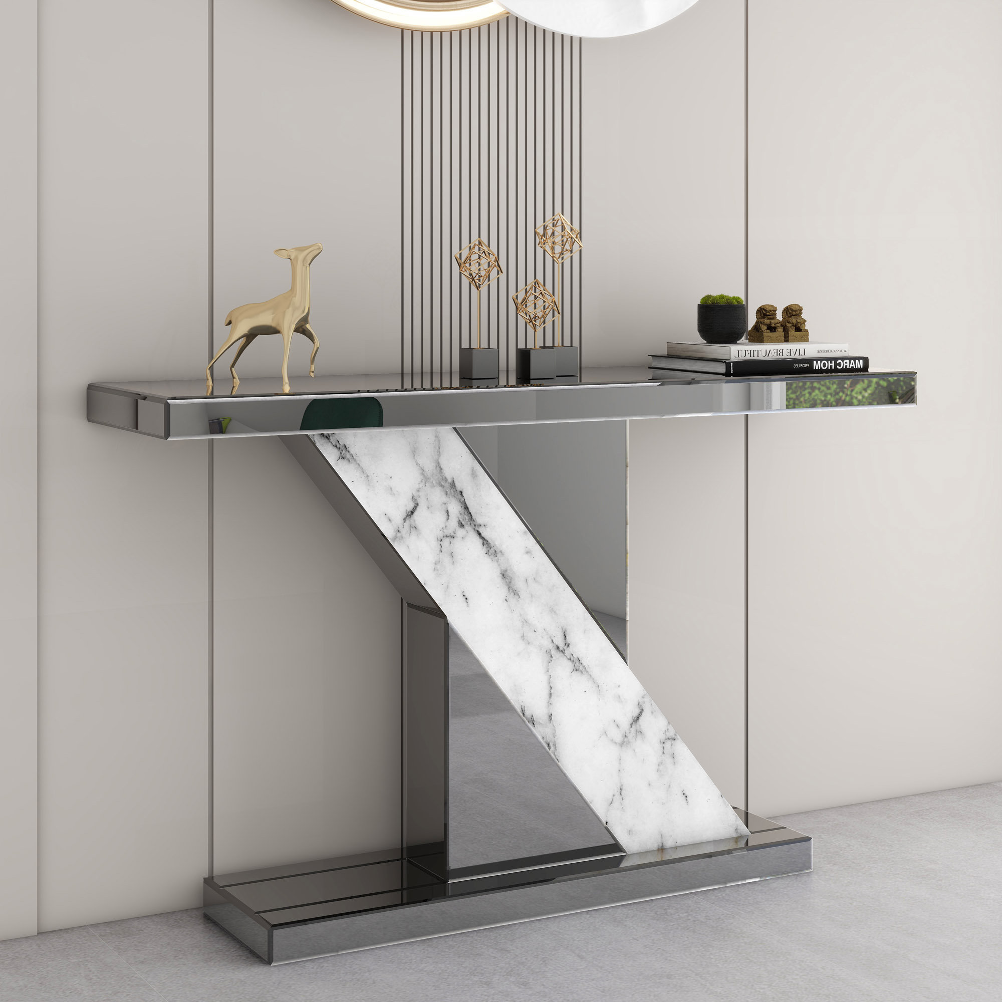 Brayden Studio Mirrored Glass Console Table Imitation Marble Sofa ...