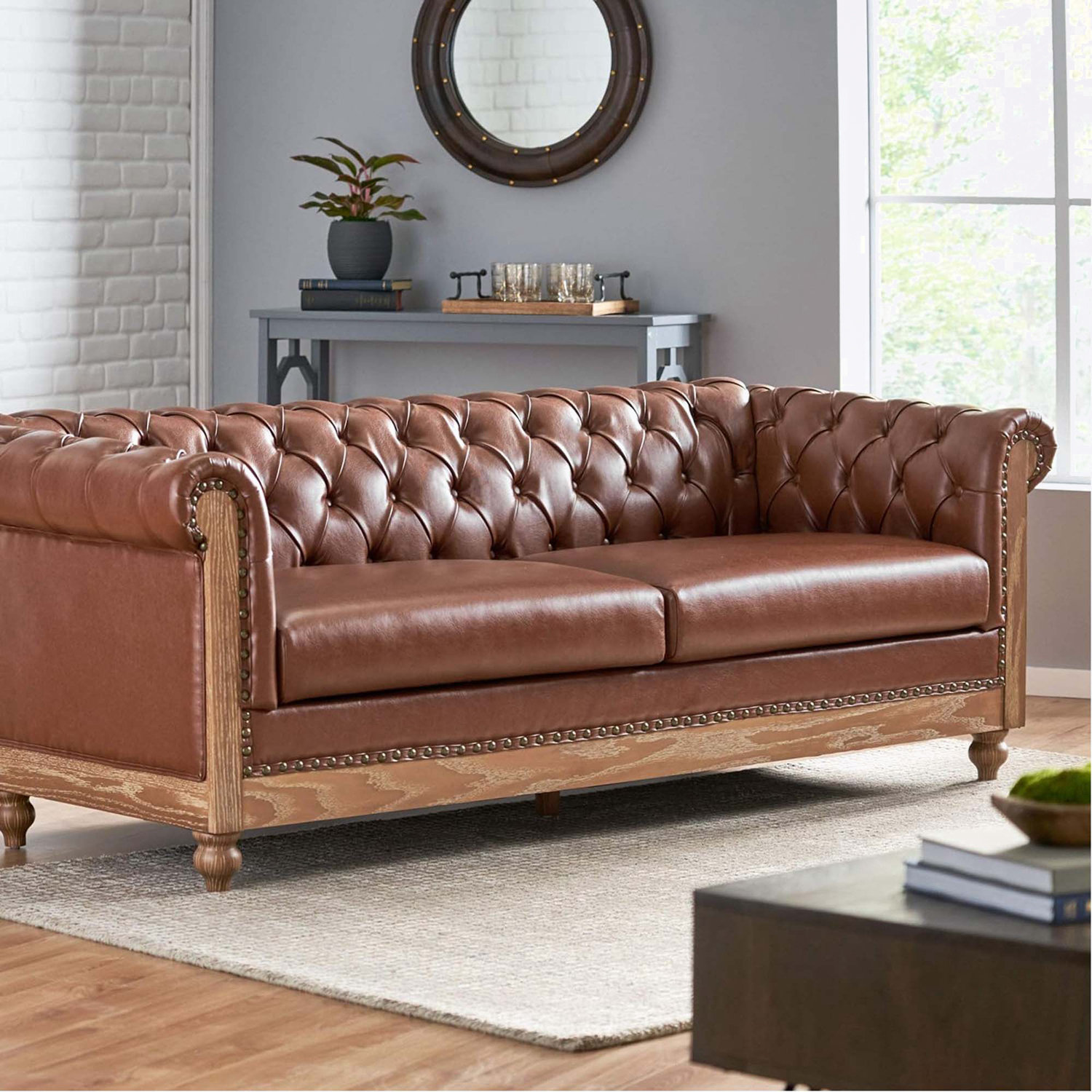 Williston Forge Comfy 3-seat PU Sofa with Wooden Legs and nails ...
