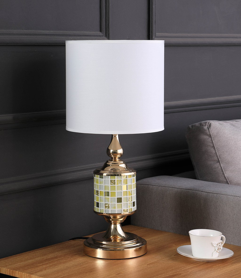 House of Hampton® 23" Gold Bedside Table Lamp With White Drum Shade ...