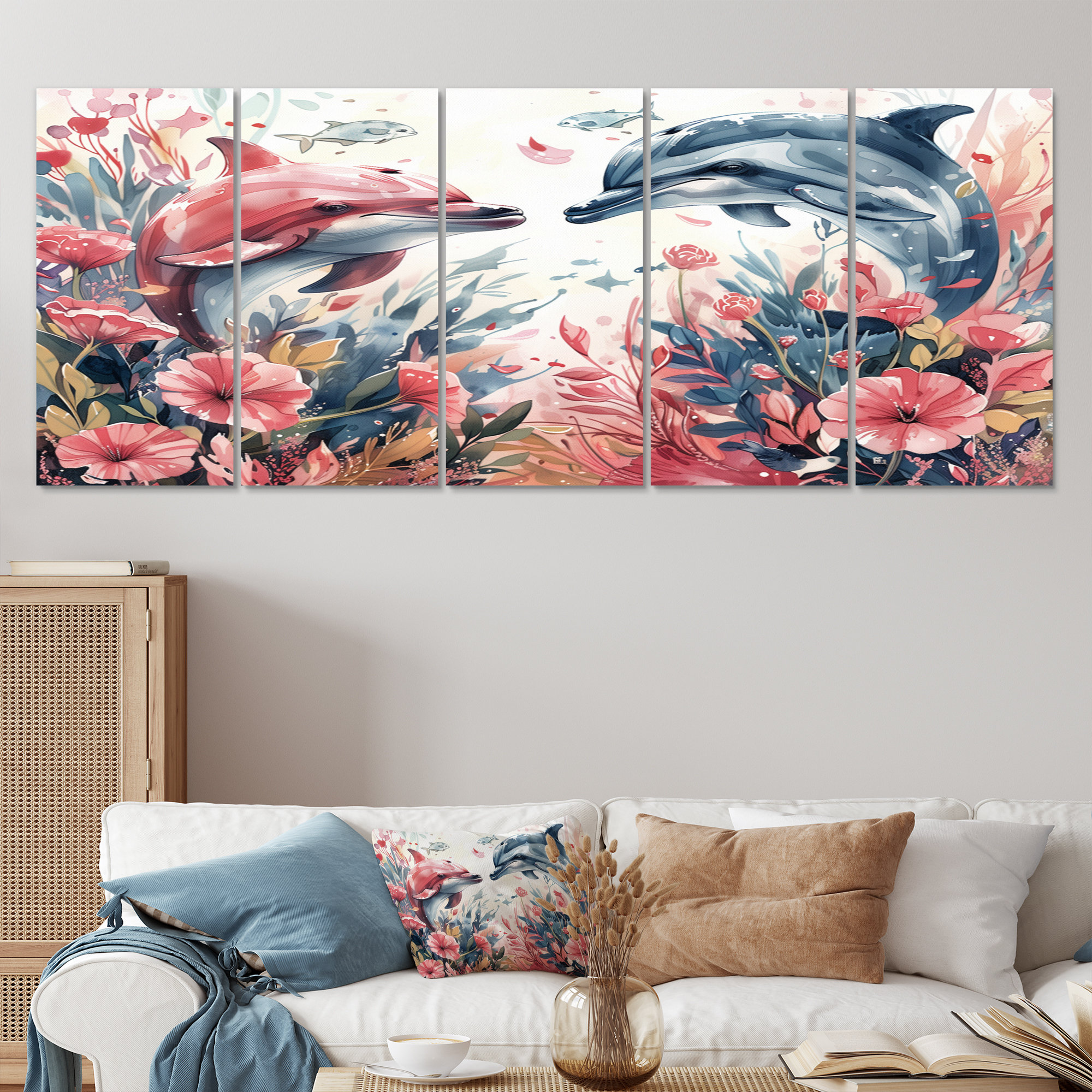 Beachcrest Home Grey Pink Dancing Dolphins Sea Creatures - Sea ...