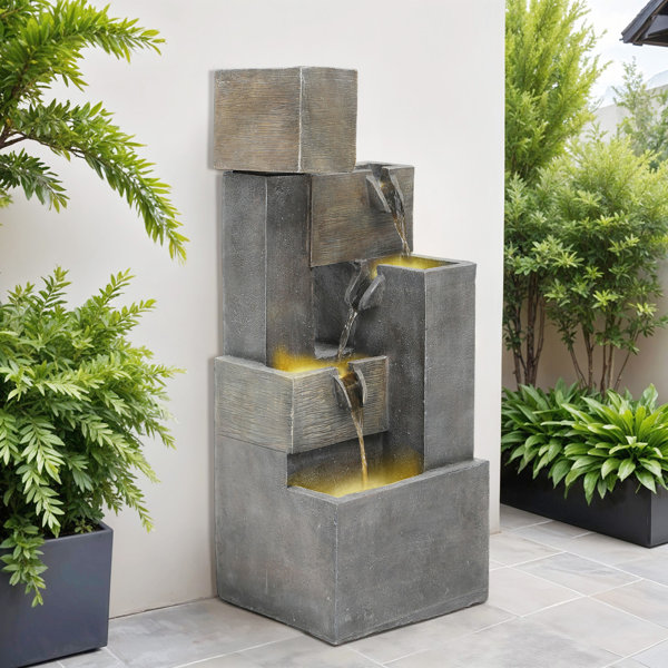 Wrought Studio™ 32.5"H 5-Tier Geometric Blocks Outdoor Water Fountain ...