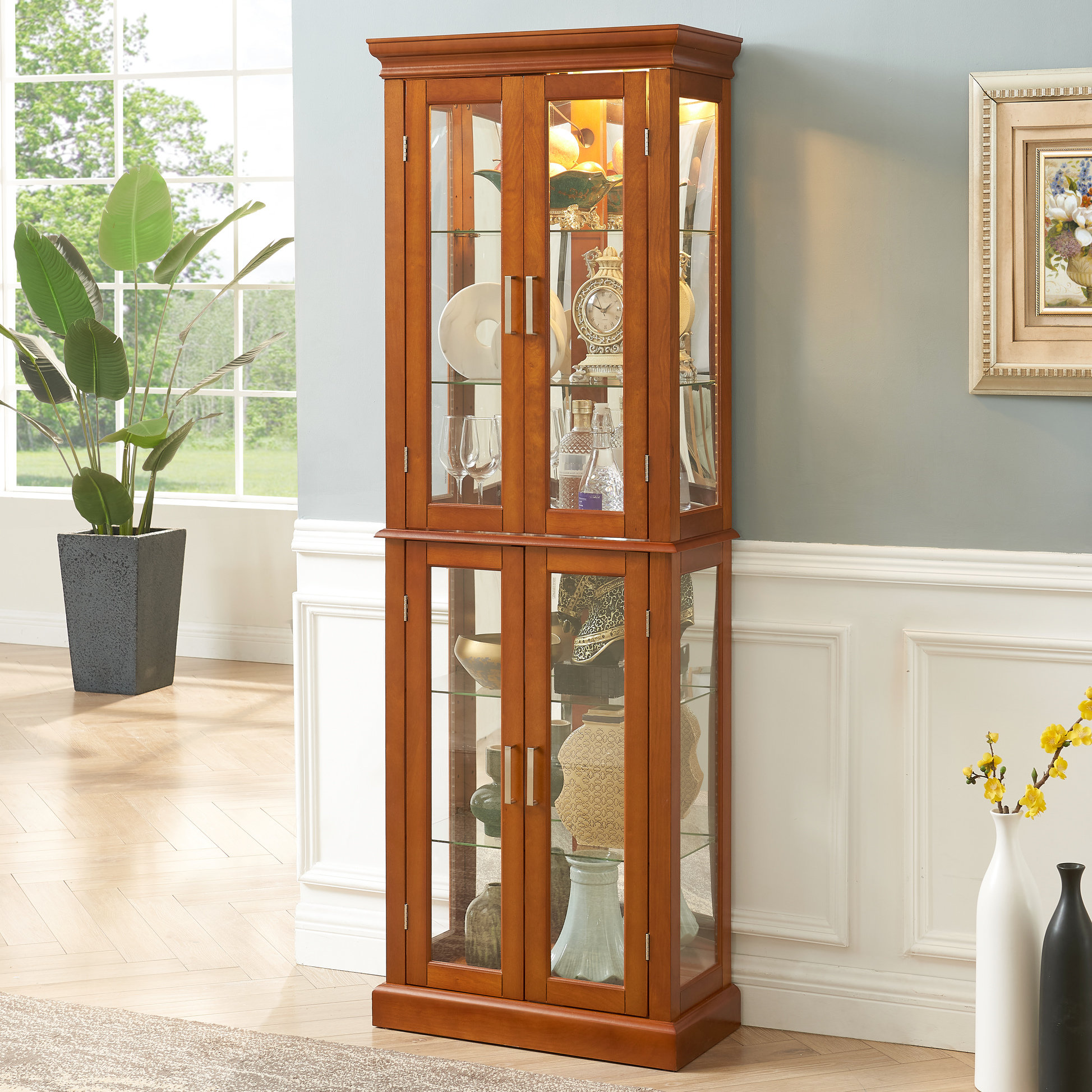 Alcott Hill Cherry Curio Cabinet With Adjustable Glass Shelves ...
