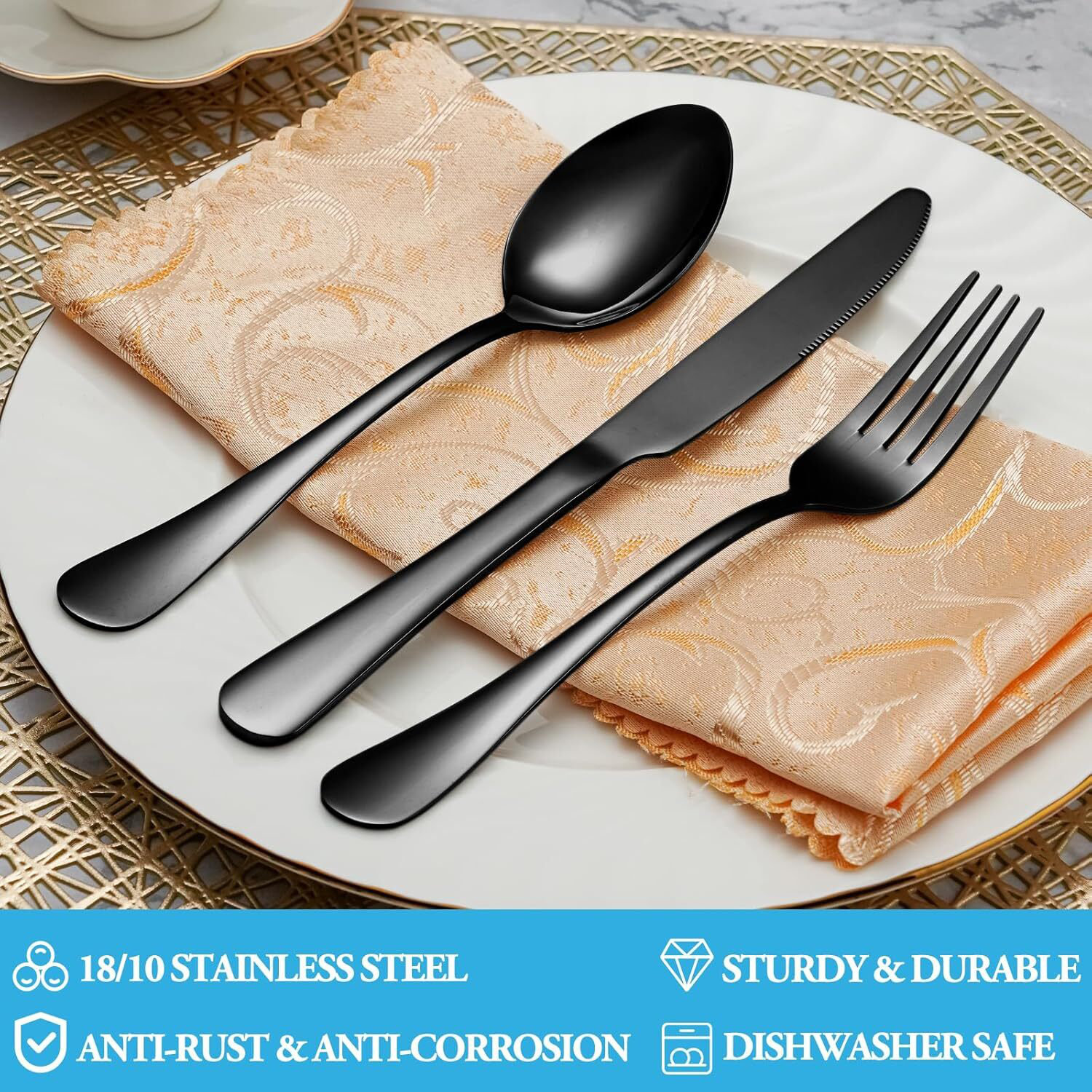 Latitude Run® 50 Pcs Black Stainless Steel Flatware Set Service for 10 ...